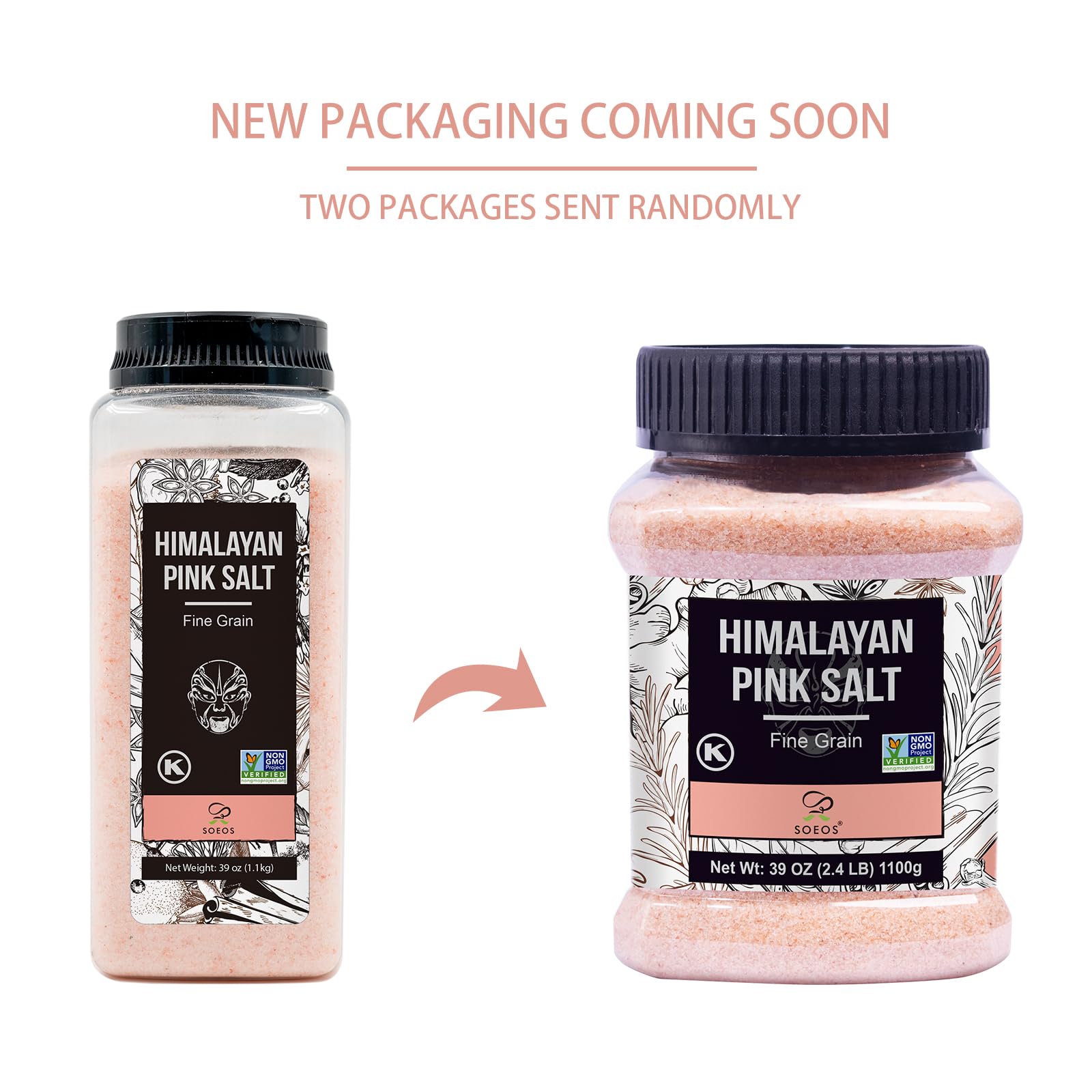 Soeos Pink Himalayan Sea Salt, Fine Grain, 38.8oz (2.4 LB), Kosher Salt, Non-GMO
