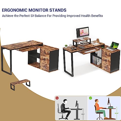 PAKASEPT L Shaped Desk with Drawers & Power Outlet, 47.2-61'' Corner Computer Desk with Keyboard Tray, Movable Monitor Stand & Storage Shelve, Reversible Large Home Office Desks, Rustic Brown