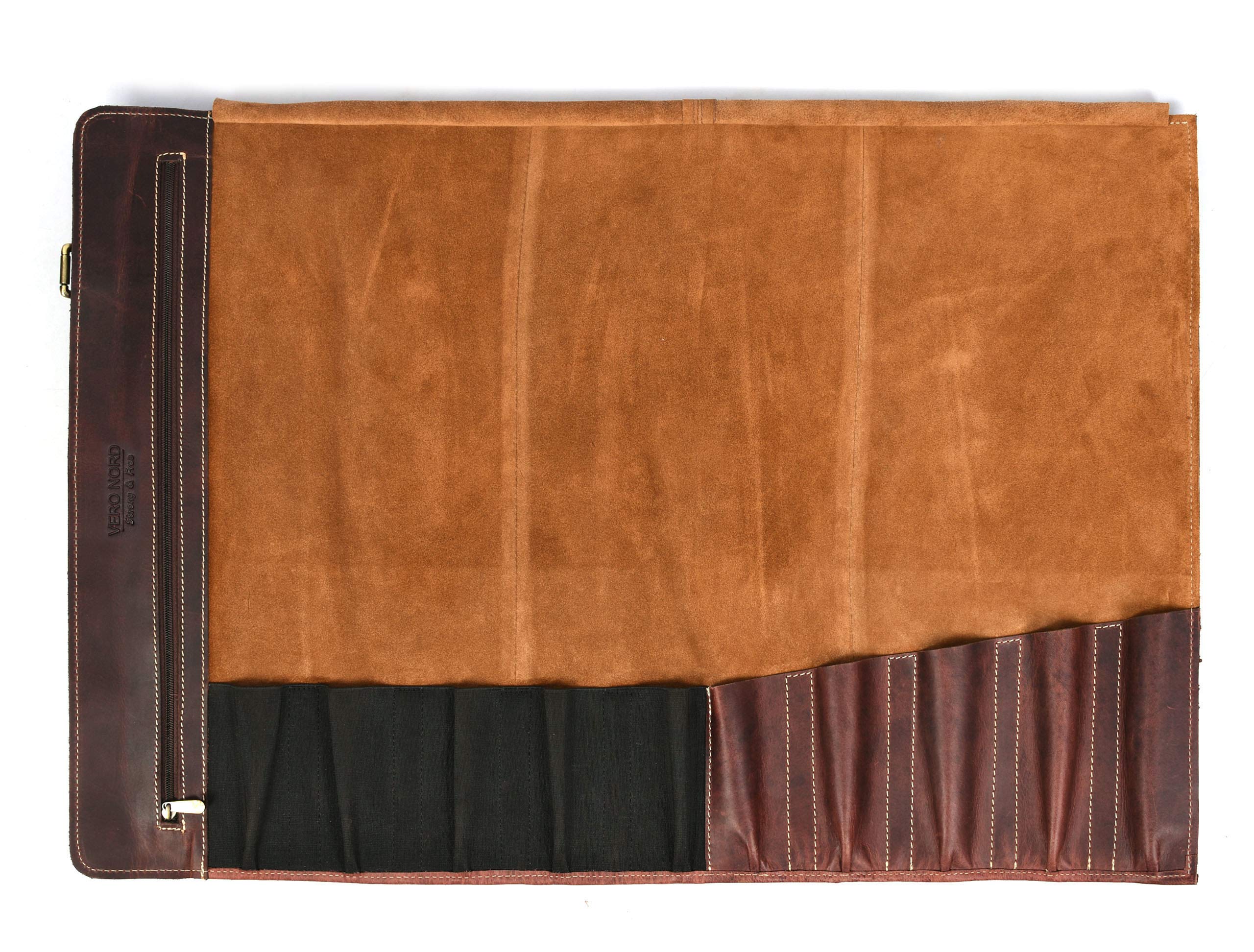 Tolredo Top Grain Buffalo Leather Chef Knife Roll Case 10 Slot and 1 Zipper Pocket for Culinary Storage Portable Bag with Detachable Shoulder Strap (Walnut, 29.5" X 20")