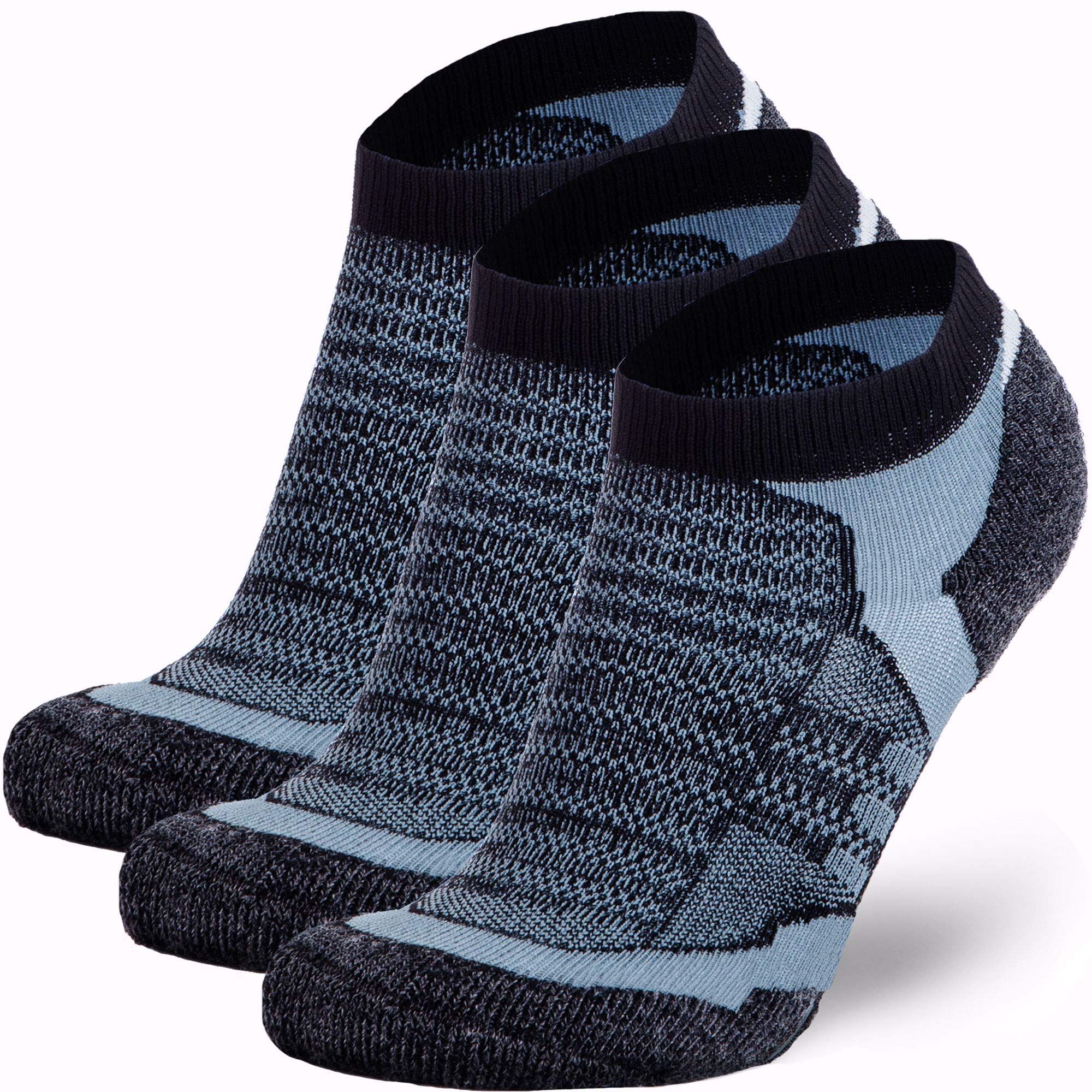 Pure Athlete Merino Wool Socks - Low Show Cushioned Athletic Padded Running Sock (3 Pairs - Black/Grey, Medium)