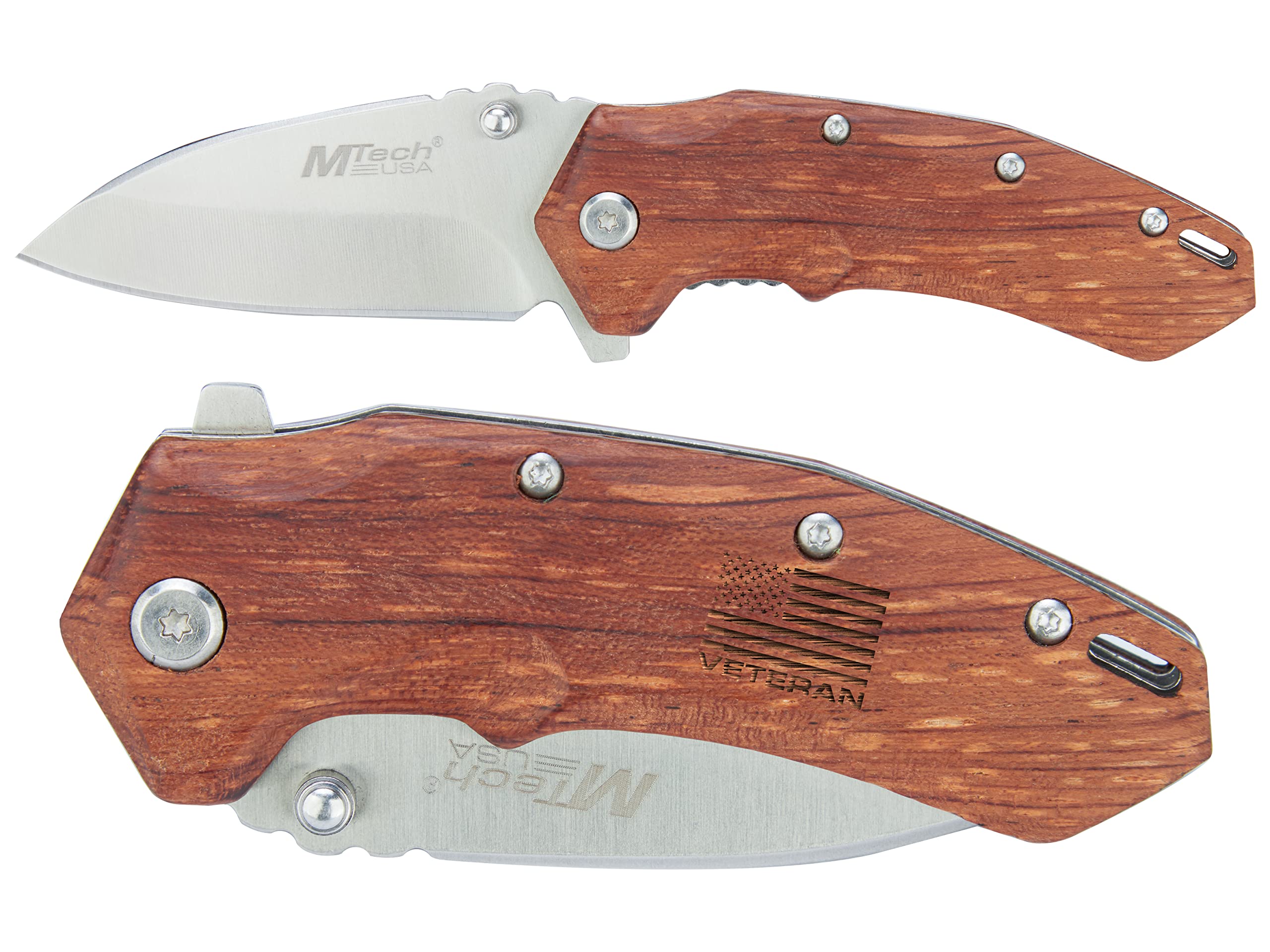 NDZ Performance MTech USA MT-A1158BR Spring Assisted Knife Stainless Steel in Brown Laser Engraved US Flag Veteran Text Bold