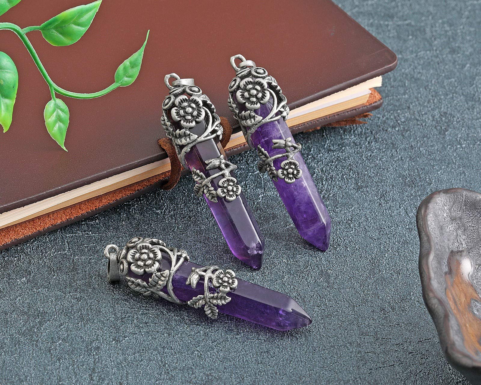 Top Plaza Bundle - 2 Items: 6 Facet Hexagonal Point Pendant Pendulum for Reiki Wicca Dowsing Balancing & Antique Silver Flower Wrapped Natural Amethyst Healing Crystal Necklace