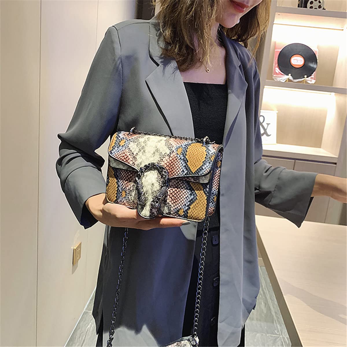 Women's Mixed Color Snakeskin Crossbody Clutch Bag Shoulder Bag (Khaki Mixed)