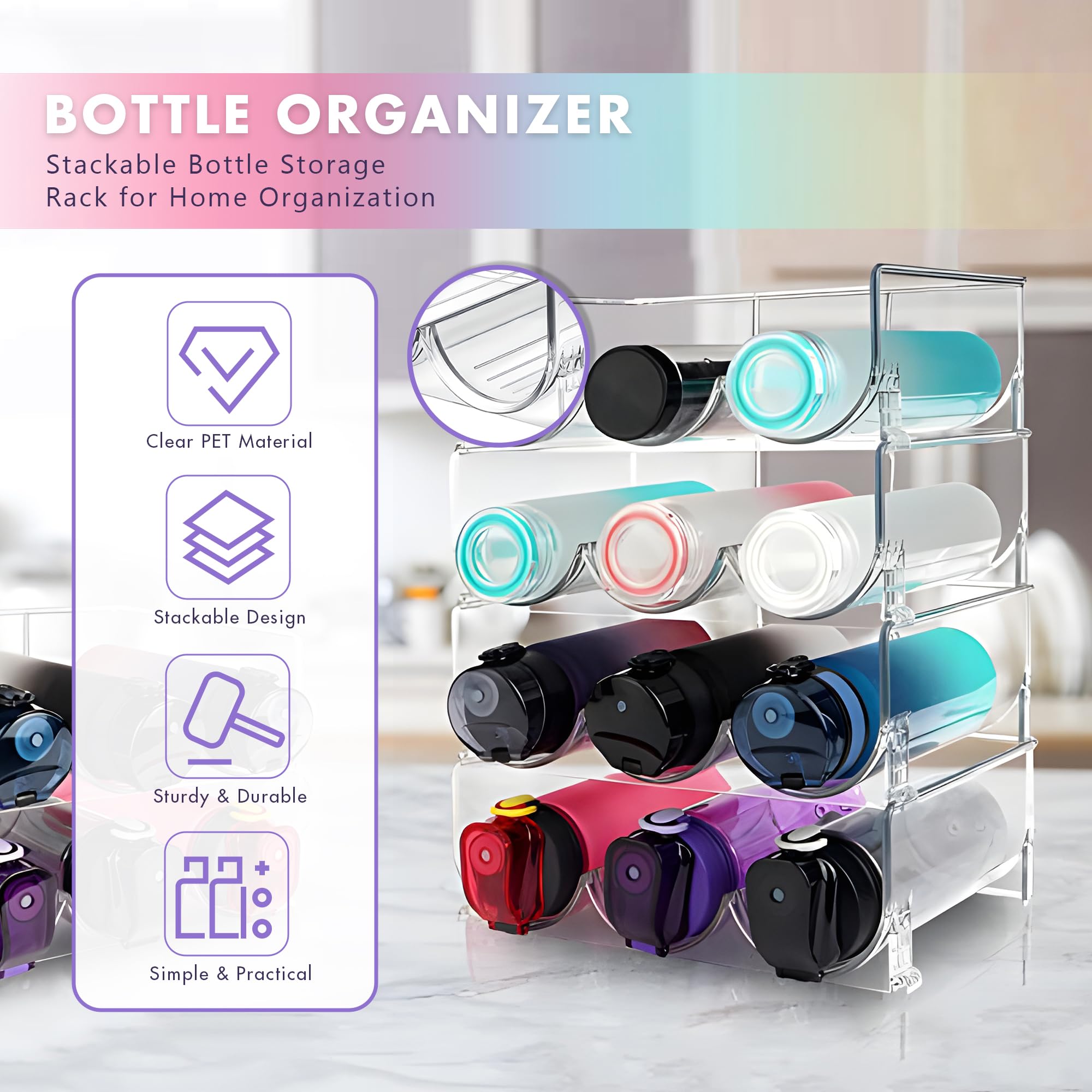 Plastic Stackable Water Bottle Holders Wine and Water Bottle Organizer Cabinet Organization Rack Kitchen Pantry Refrigerator Storage Bins