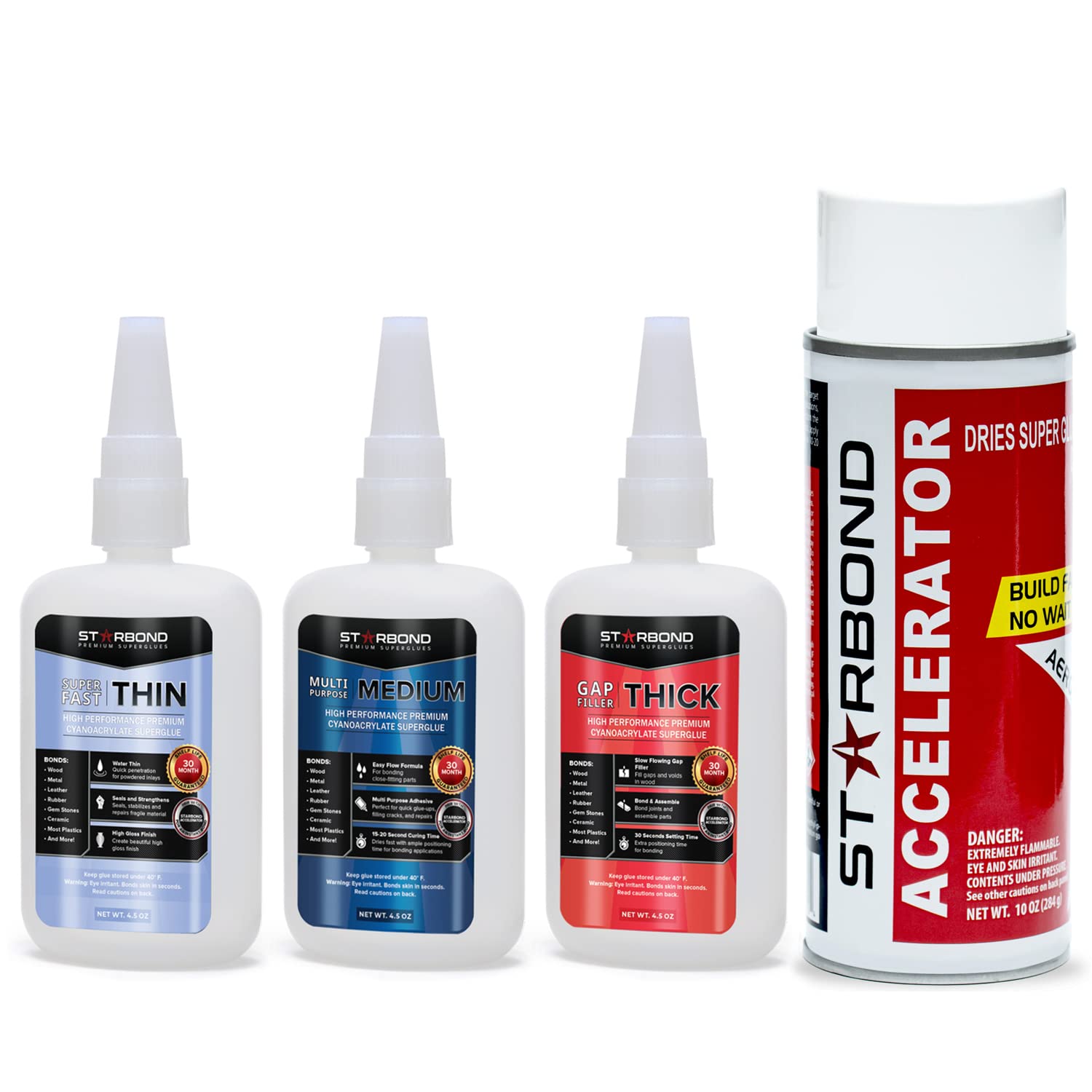 Premium CA Glue with Activator Bundle by STARBOND - (4.5oz) Thin CA Glue, Medium CA Glue, Thick CA Glue, (10 oz) Aerosol Accelerator - CA Glue for Woodworking, Woodturning, Hobby Models, 3D Printing