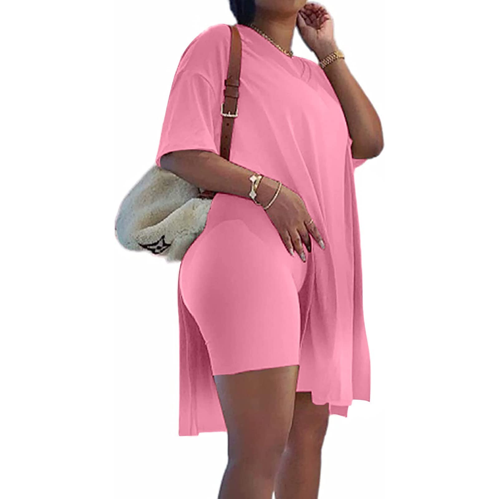 Women 2 Piece Tracksuit Outfit V-Neck Side Split Tops Yoga Bodycon Shorts Jogger Outfit Plus Size Lounge Sets