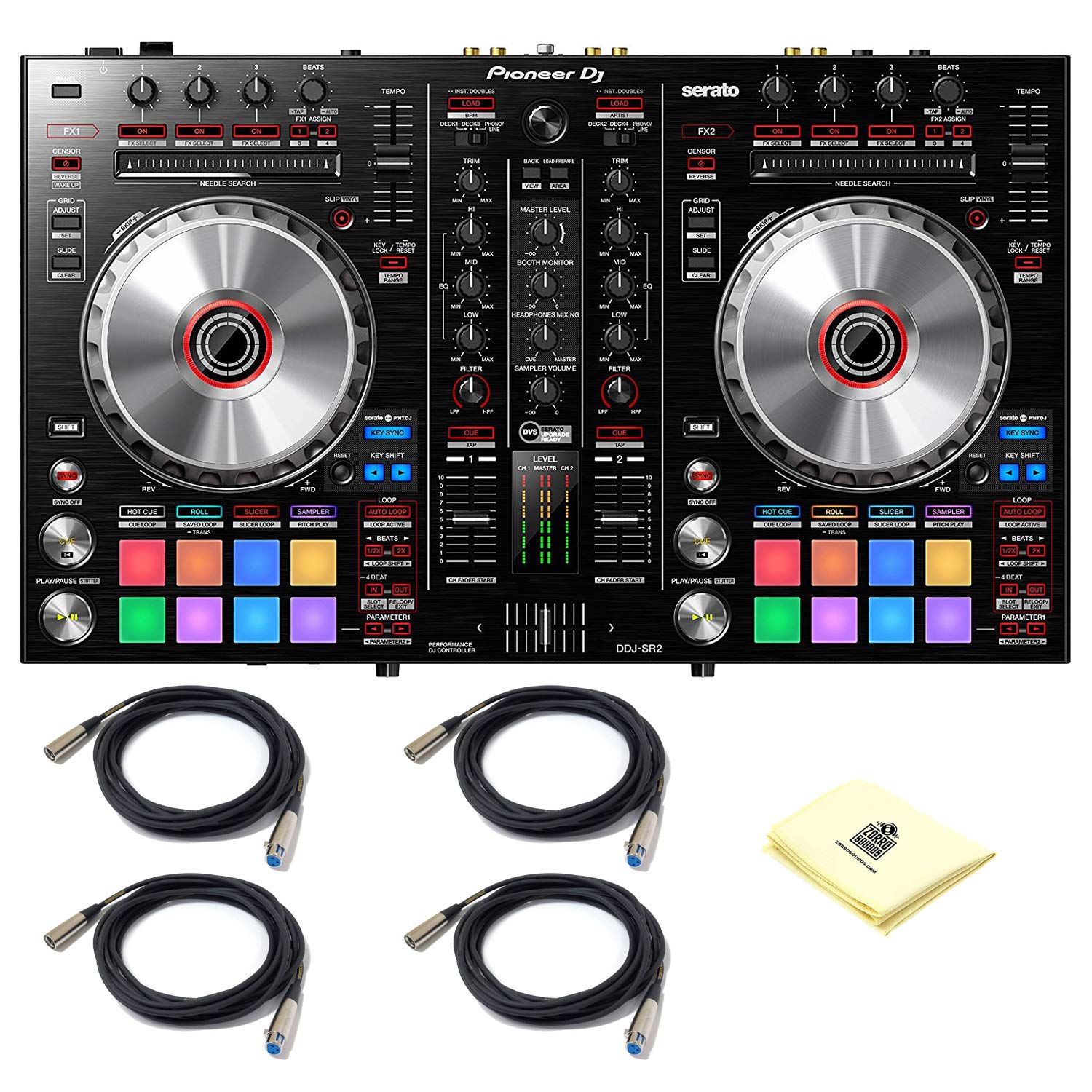 Pioneer DJ DDJ SR2 Portable 2 Channel DVS Compatible Bus Powered DJ Controller for Serato DJ Pro with Serato DJ Pro and Serato Pitch n Time DJ Software BUNDLE 4 x Senor Microphone Cable & Zorro Cloth