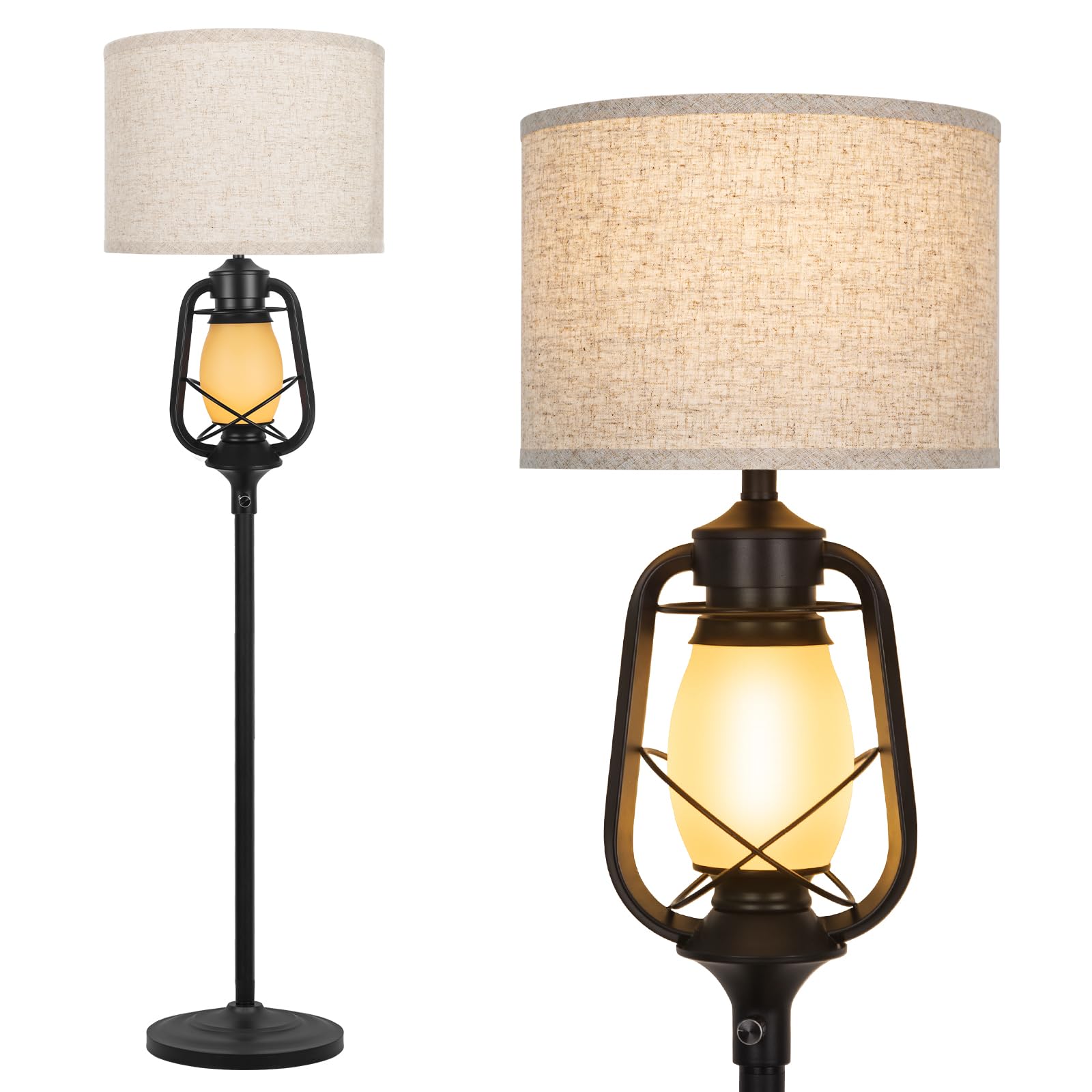 Rustic Farmhouse Floor Lamp with LED Night Light, 2-Light Tall Standing Lamp, Vintage Pole Light with Beige Linen Drum Shade，Industrial Black Stand Up Lamp for Bedroom, Living Room, Reading, Office
