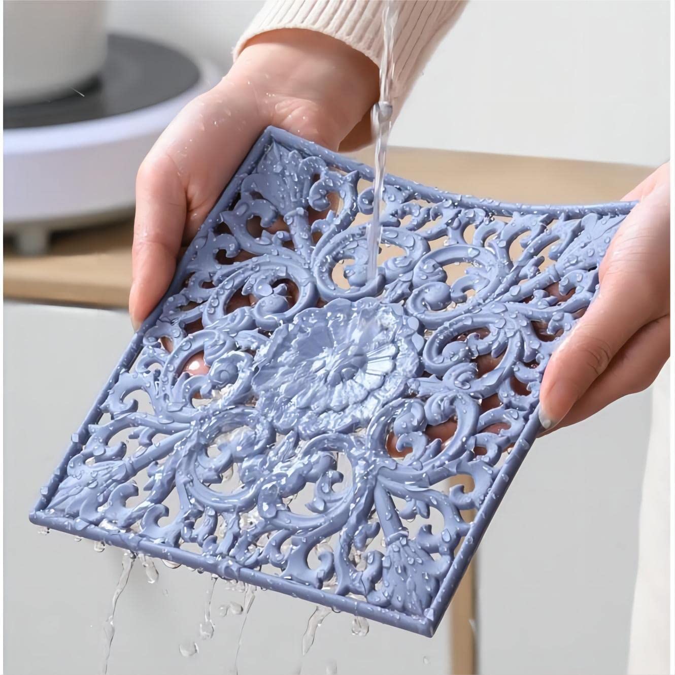 Viwehots Silicone Trivets Mats for Hot Pots and Pans, Square Non Slip Mat for Table Multi-Use Carved Hot Pads and Mats, Flexible Modern Pad Heat Resistant Big Teapot Coaster Set of 3 Blue