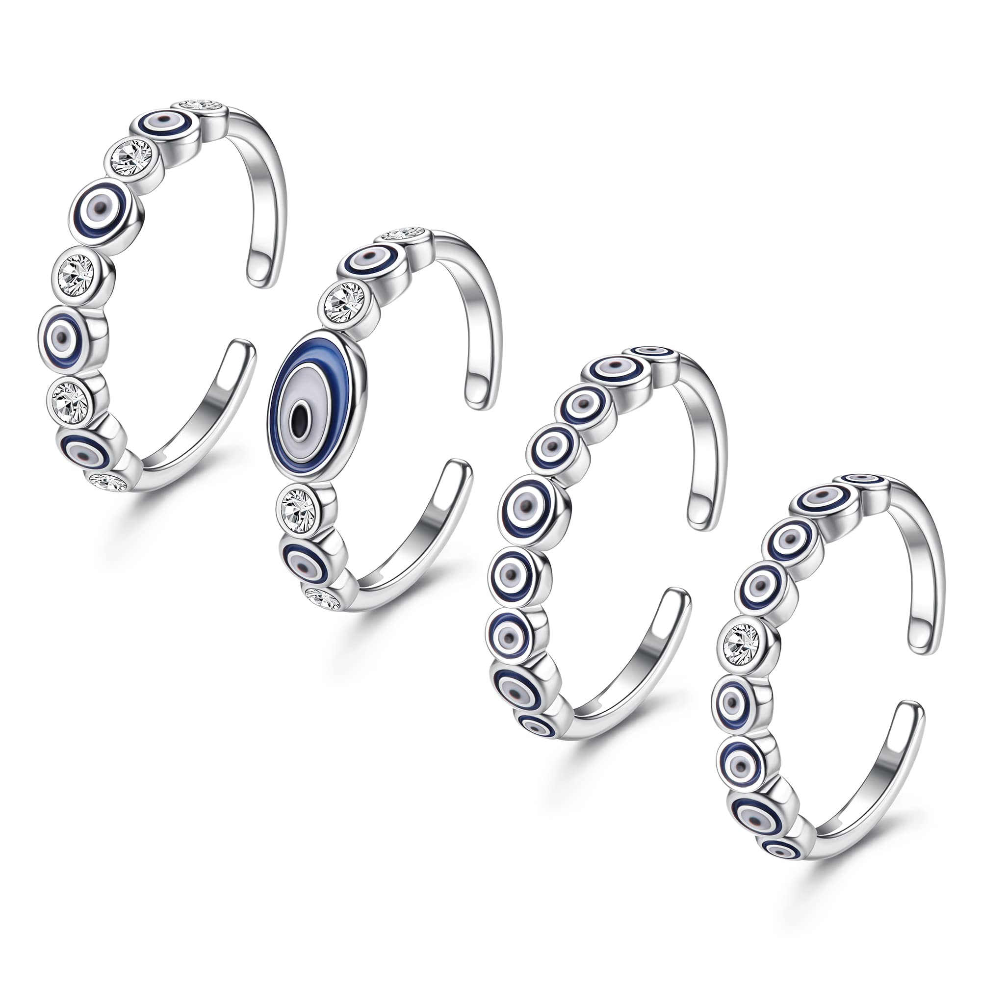 Ubjuliwa 4 Pcs Evil Eye Rings for Women White Gold Plated Eye Ring Set Adjustable Open Ring Silver Dainty Cute Evil Eye Rings Protection Jewelry Gift