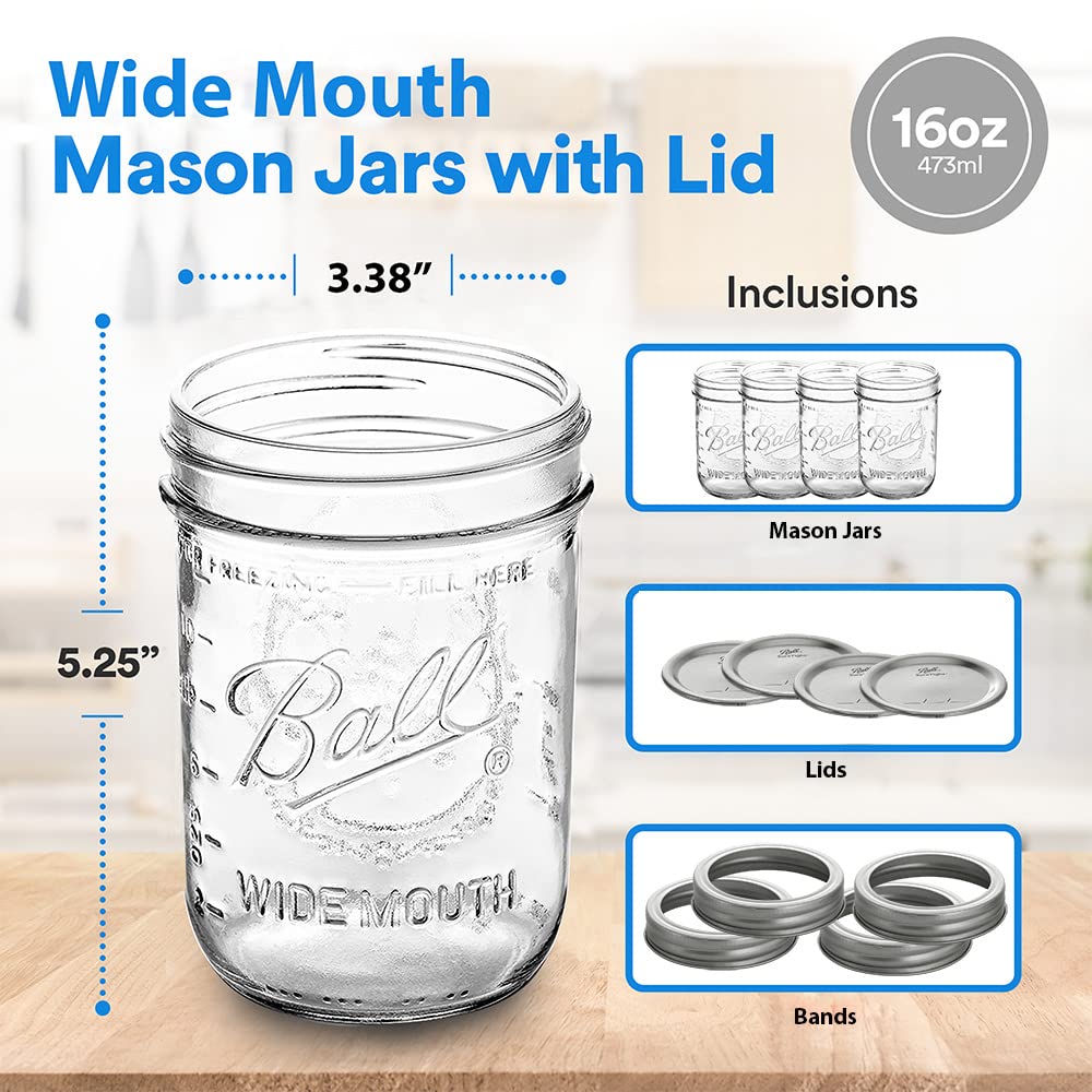 Wide Mouth Mason Jars 16 oz. (4 Pack) - Pint Size Jars with Airtight Lids and Bands for Canning, Fermenting, Pickling, or DIY Decors and Projects - Bundled with Jar Opener