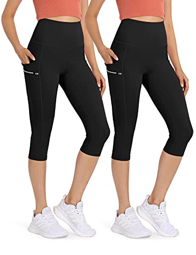 ODODOS Women's High Waisted 19" Inseam Dual Pockets Workout Capris, Yoga Running Gym Athletic Capris Leggings, Black2Pack, X-Large