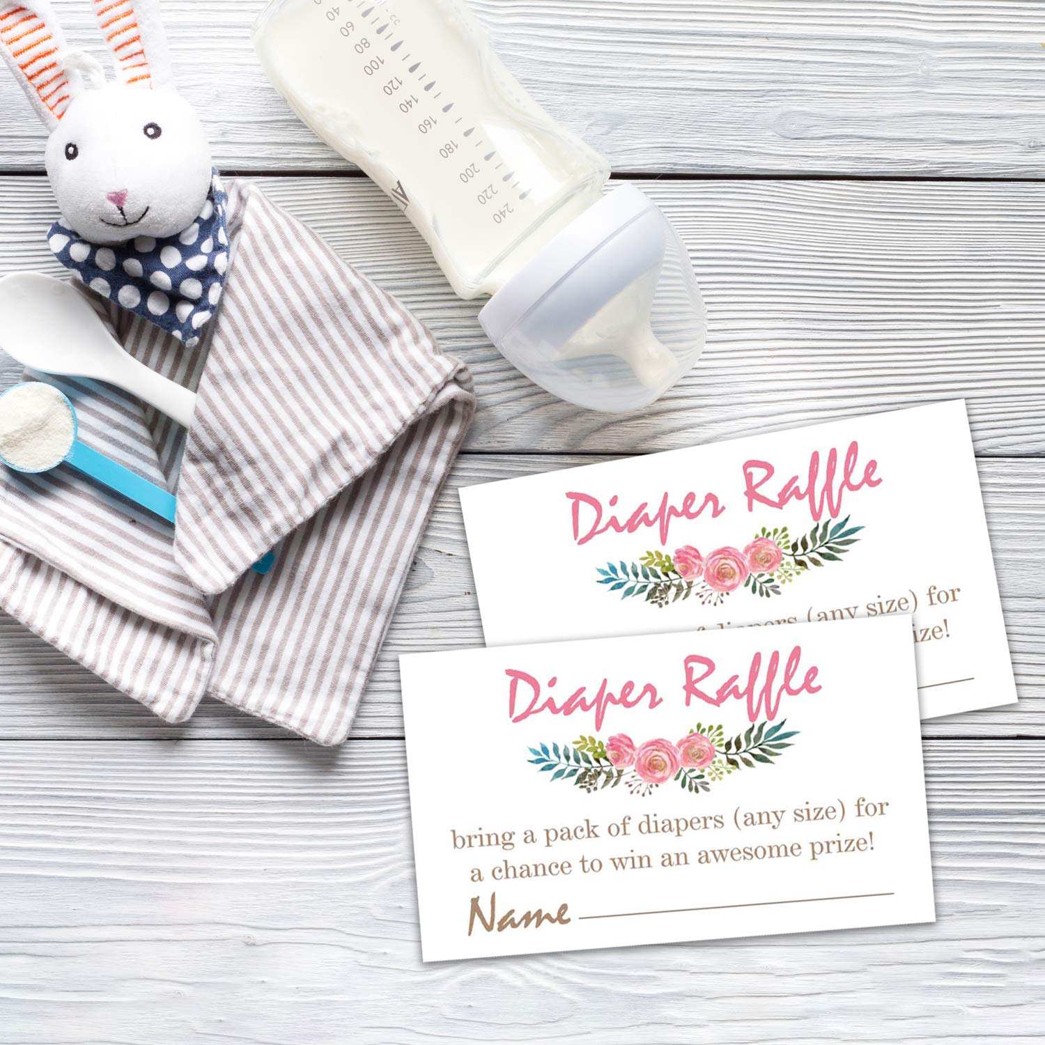 Pink Flowers Diaper Raffle Tickets for Baby Shower Invitation Inserts - 50 Baby Shower Game Cards.