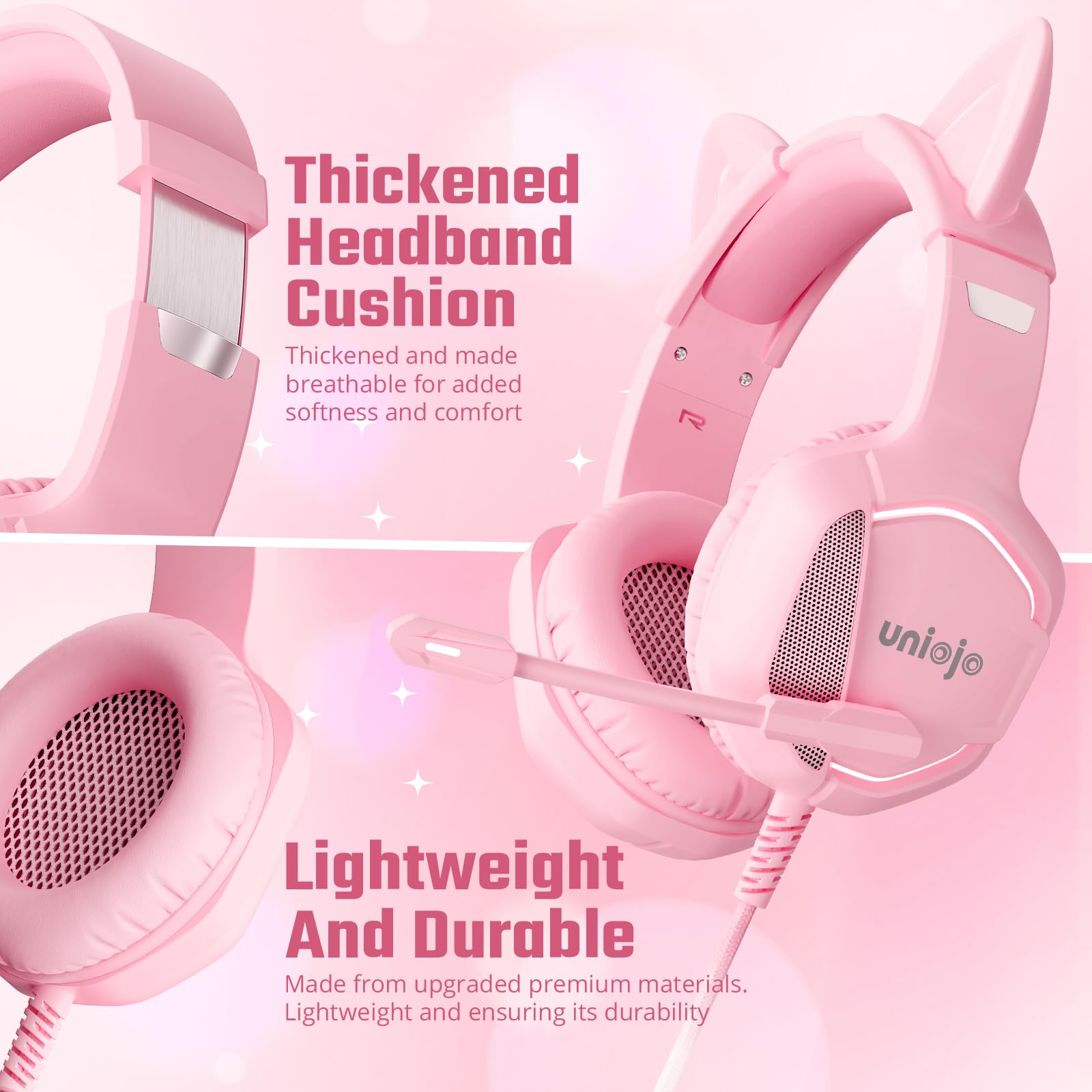 Pink Gaming Headset Noise-Canceling Mic with Stereo Surround,Wired Over-Ear Headphones with Retractable and Flexible Mic&Memory Foam Ear Pads,Removable Cat Ears,for Xbox Series, PS5, PS4, PC, Mobile.