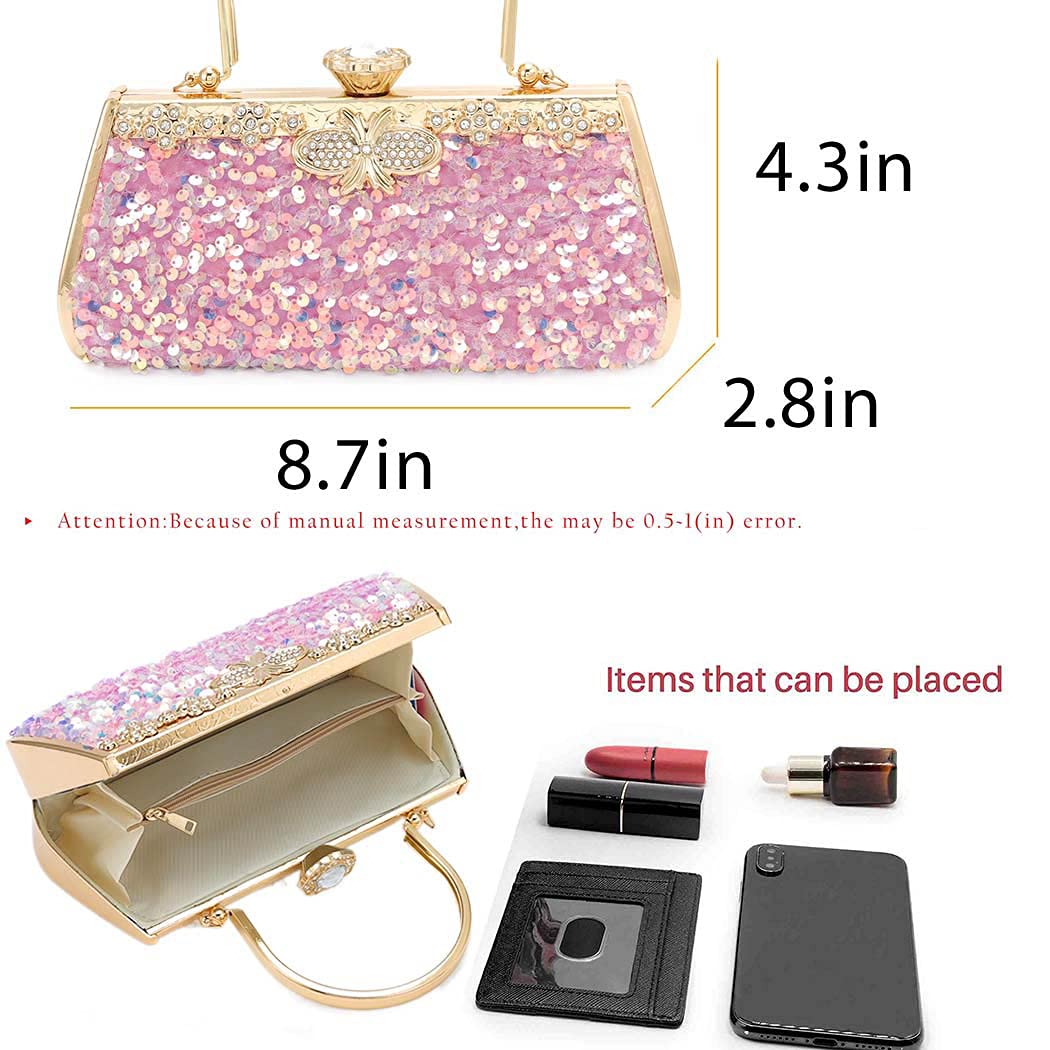 Yokawe Women's Sequin Clutch Purse Glitter Bride Evening Bag Wedding Party Prom Handbag Detachable Chain Shoulder Bags (Pink)
