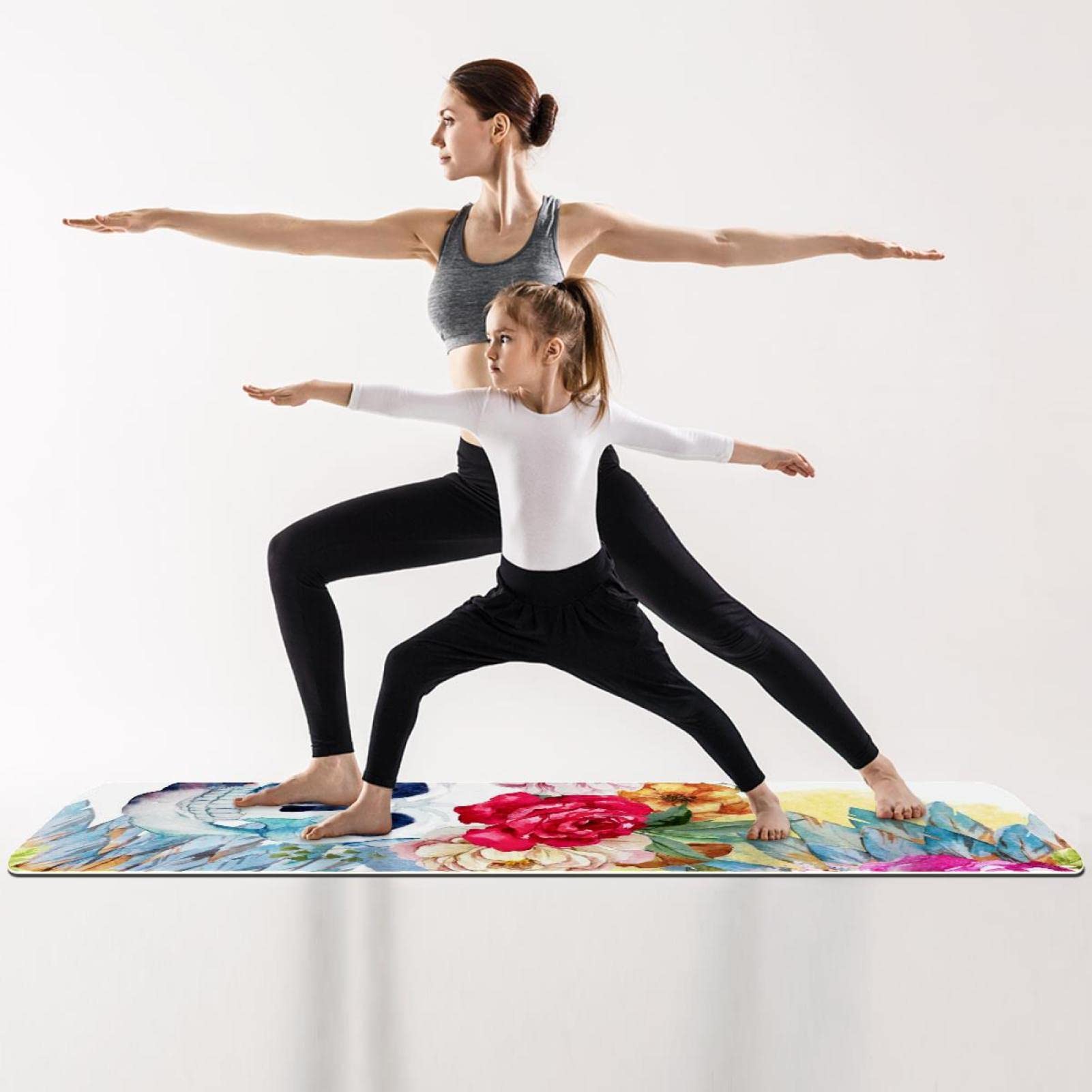 Yoga Mat, Yoga Mats for Home Workout, Workout Mat, Exercise Mats, Pilates Mat, colorful rose flower leaves skull pattern