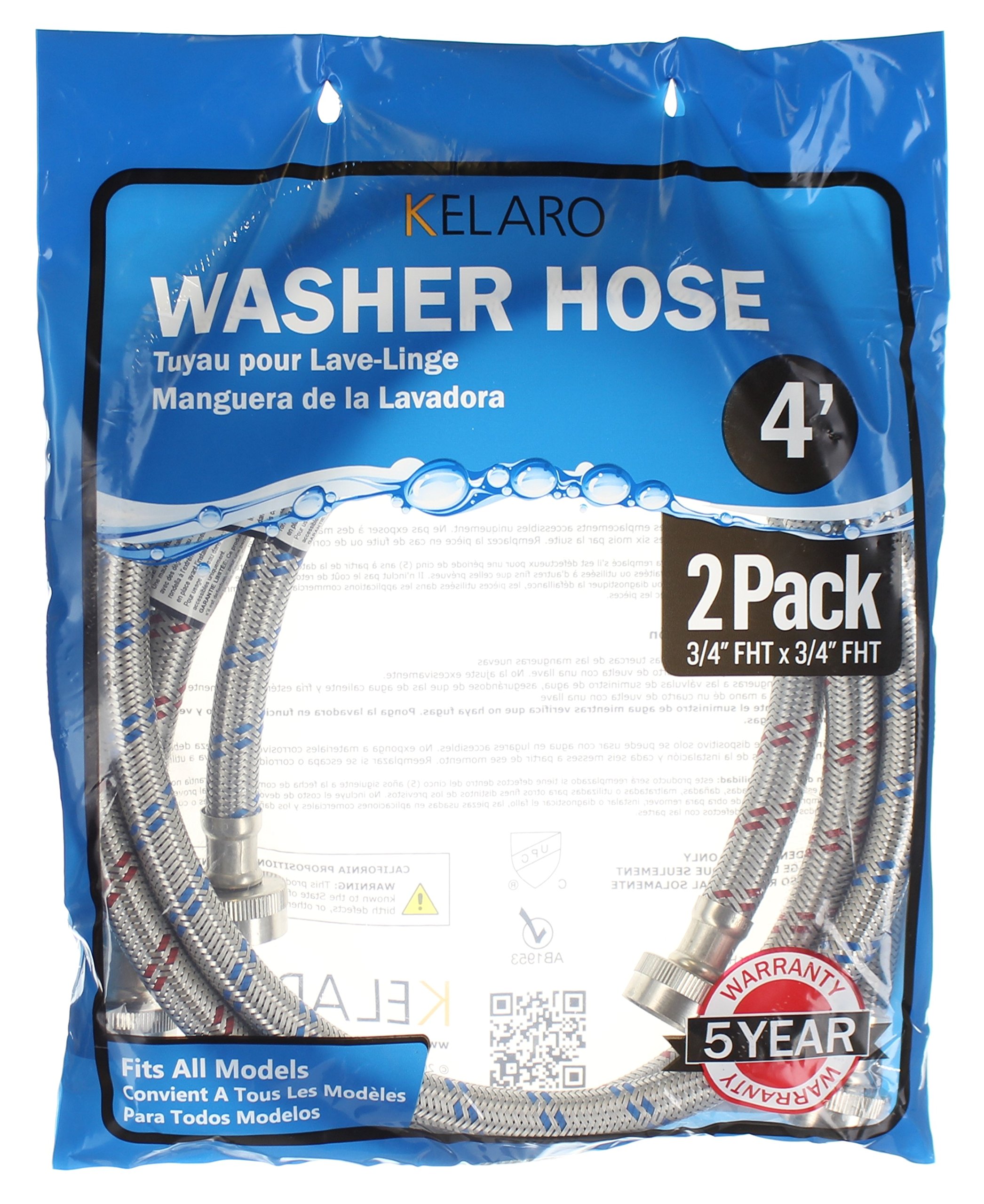 Premium Stainless Steel Washing Machine Hoses - Burst Proof (2 Pack) Red and Blue Striped Water Connection Inlet Supply Lines from Kelaro