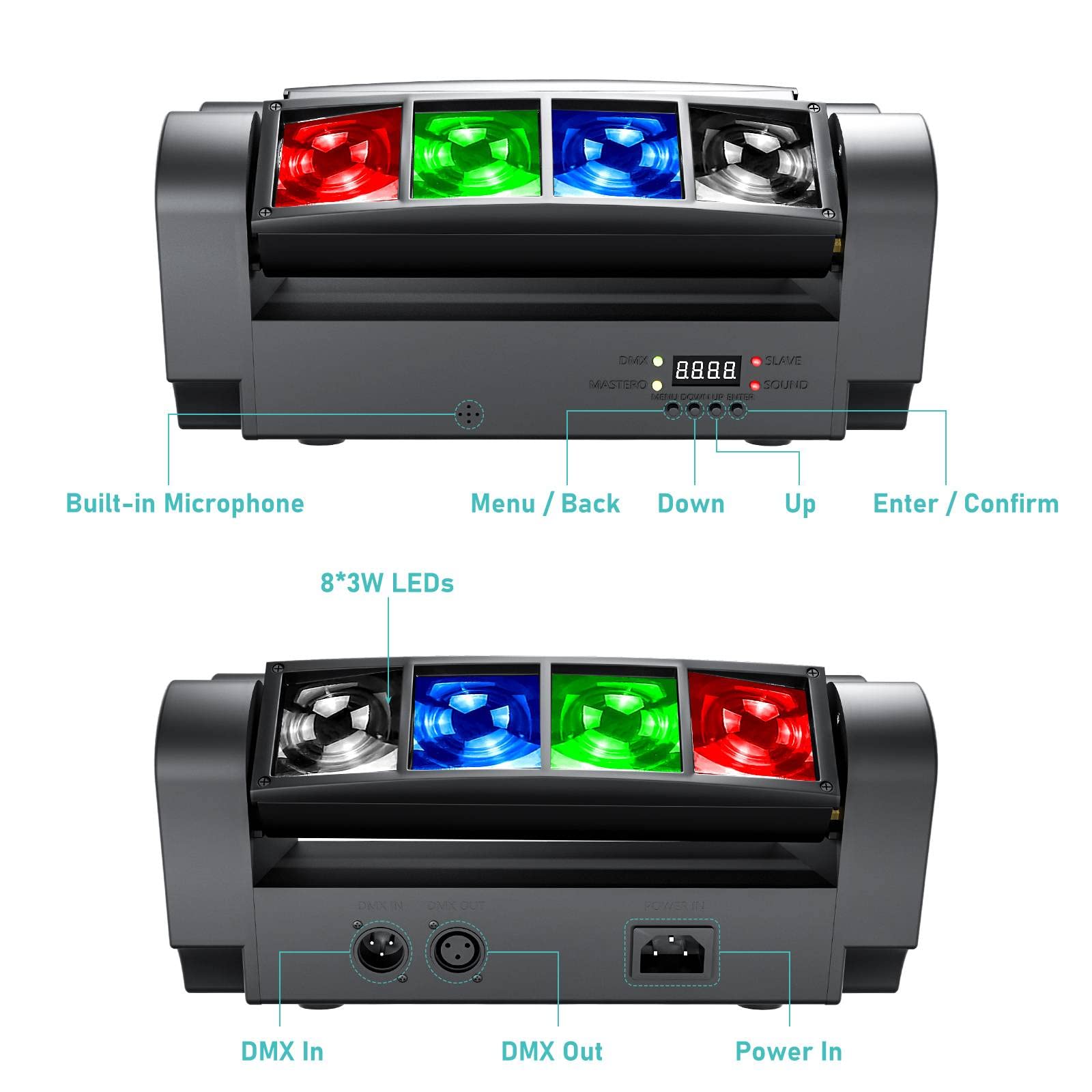 Yunhion LED Stage Lighting, 8x3W RGBW Moving Head Lights, 2 Pack, Sound Activated/DMX-512, Ideal for Parties, Bars, Events, Live Shows