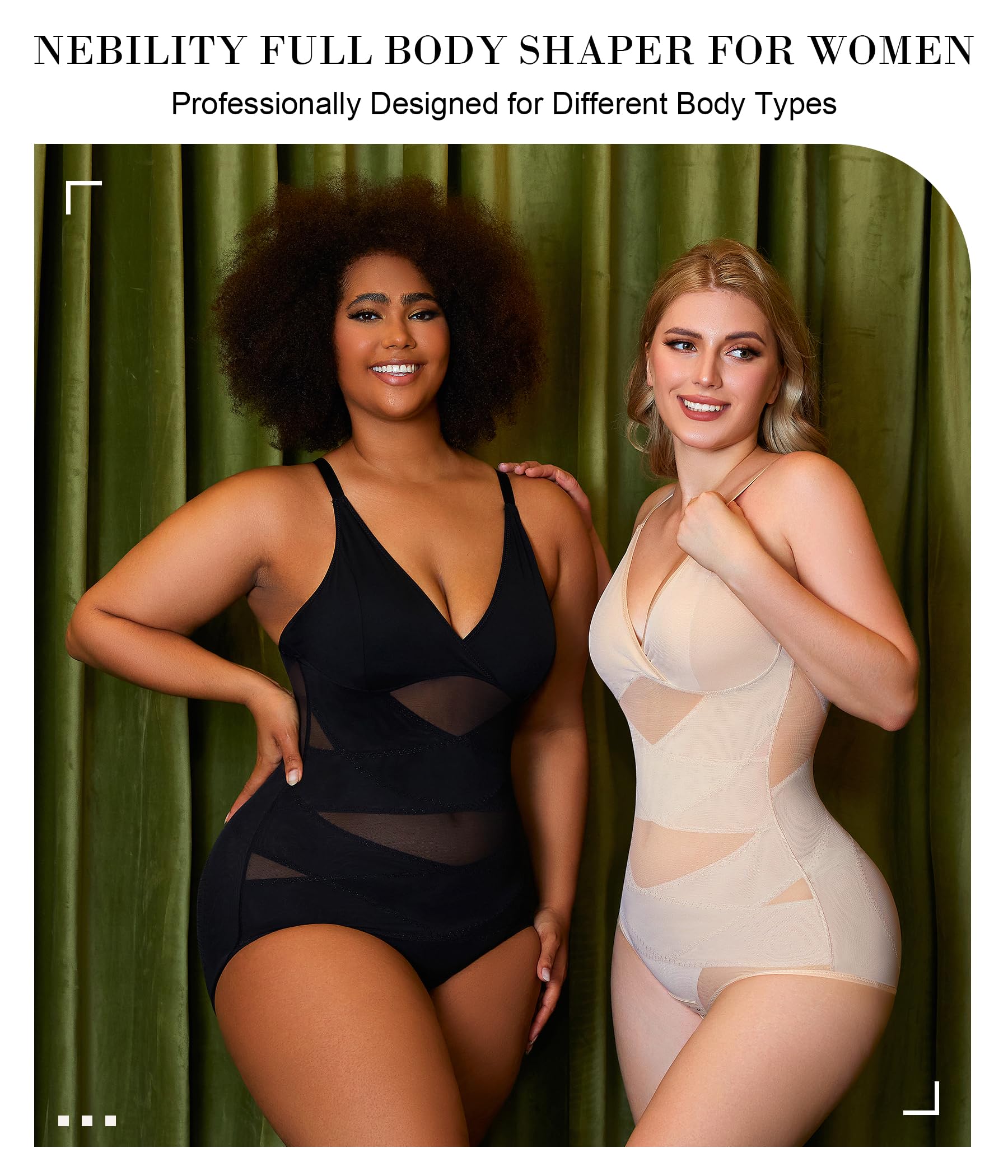 Nebility Women V Neck Shapewear Tummy Control Bodysuit Tank Top Full Body Shaper One Piece Cami Leotard (Large, Beige Normal Size)