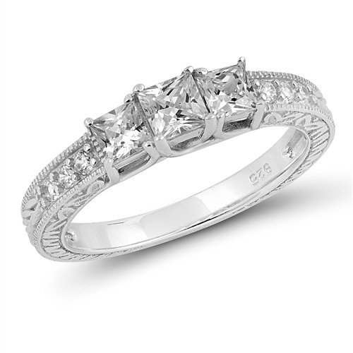 Precious Gem Jewellers Sterling Silver Vintage Filigree Three Stone Princess-Cut Cubic Zirconia Engagement Ring
