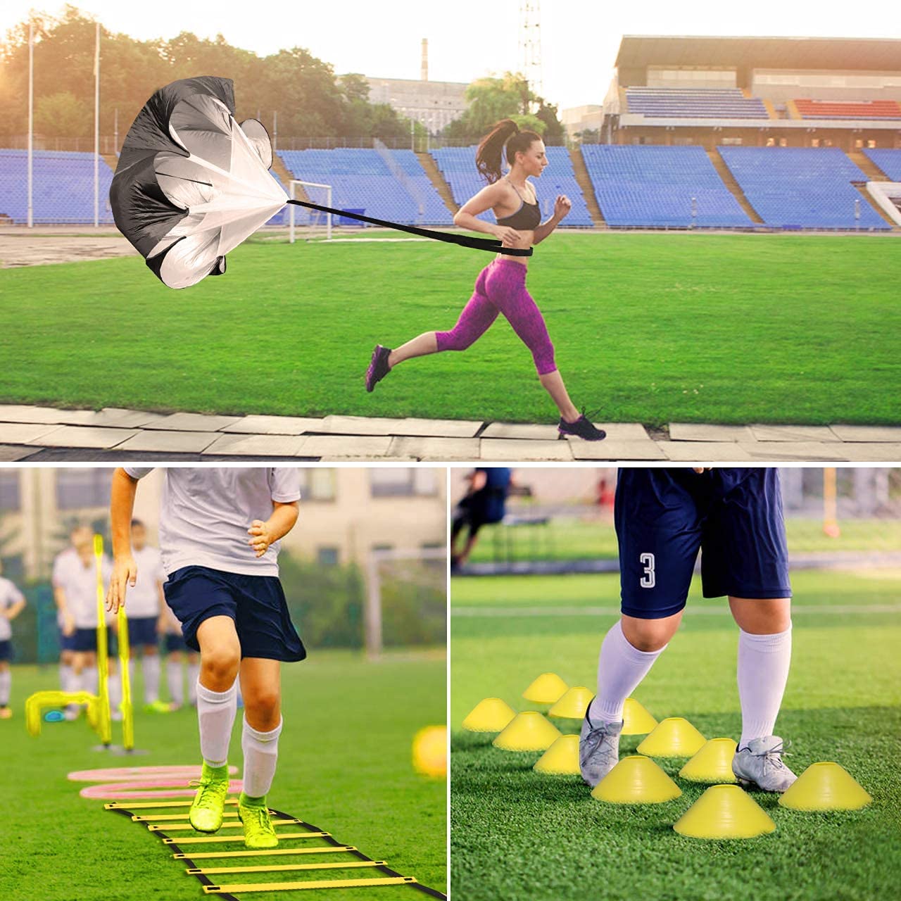 SONPAOLU Agility Ladder & Speed Cones Training Set , for Speed Agility Training & Quick Footwork Exercise -Includes Agility Ladder with Carrying Bag, , 4 Pegs,Resistance Parachute & 8 Sports Cones.