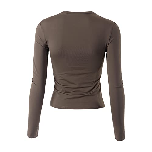 Women Spring Slim Fit Long Sleeve T Shirts Y2k Crewneck Solid Basic Tees Athletic Tight Crop Top Fashion Streetwear Khaki