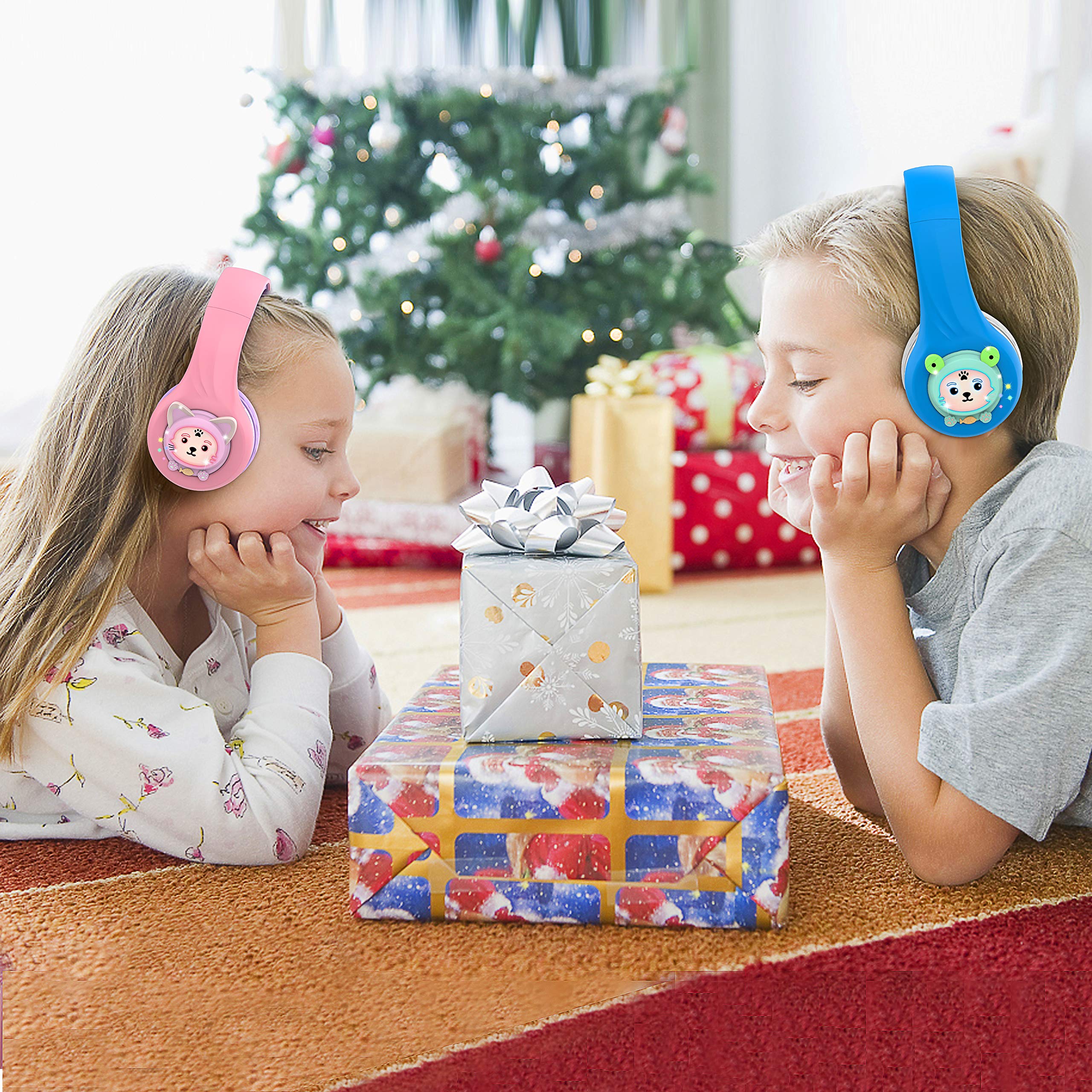 Riwbox FB-7S Frog Kids Headphones Bluetooth, LED Light Up Bluetooth Headphones Over Ear Volume Limited Safe 75/85/95dB with Mic and TF-Card, Children Headphones for School/PC (Blue&Grey)