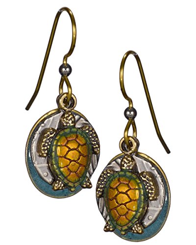 Orange Turtle Layered over Hammered Textured Circular Blue Disc Earrings by Silver Forest