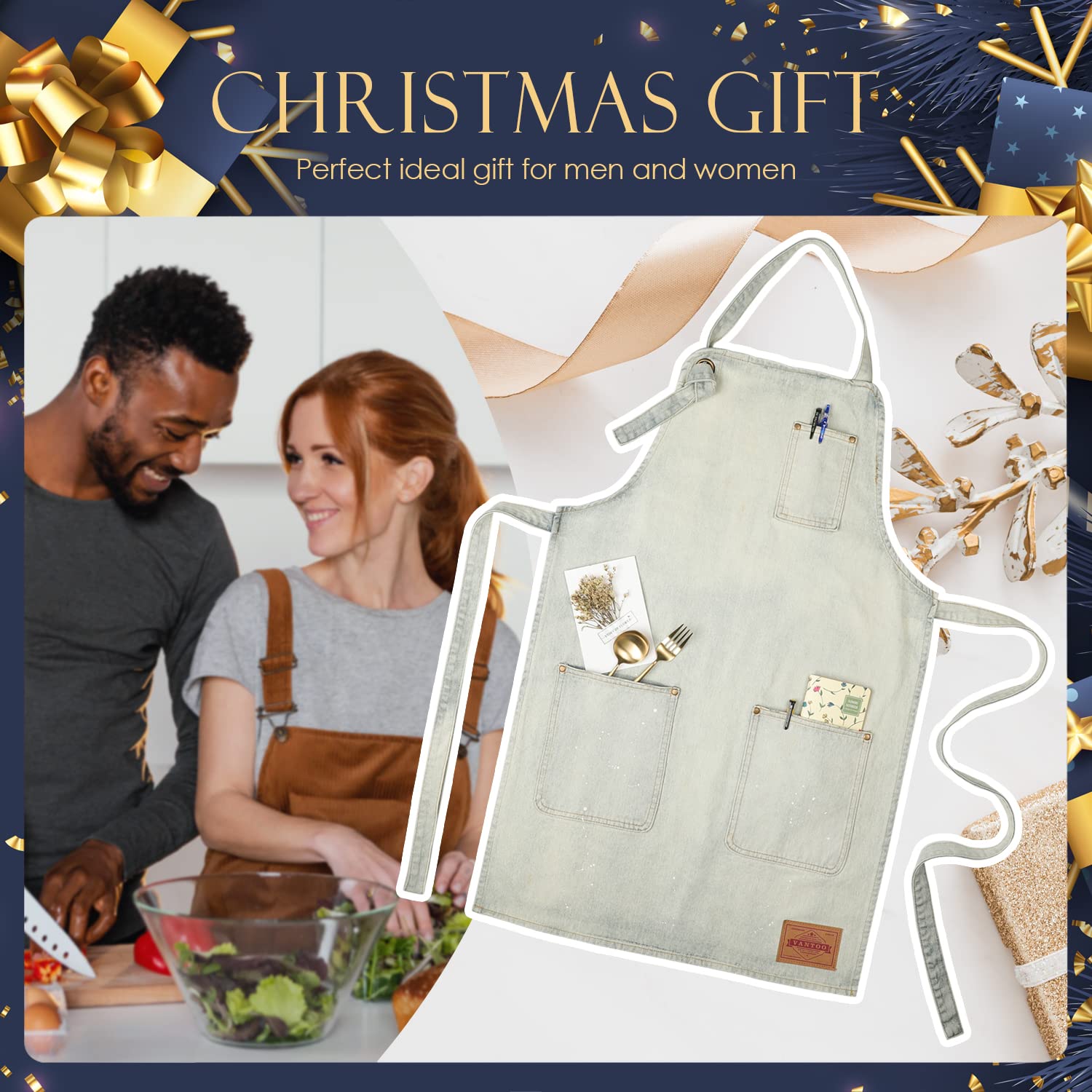 VANTOO Unisex Distressed Jean Apron with Convenient Pockets for Men and Women,White