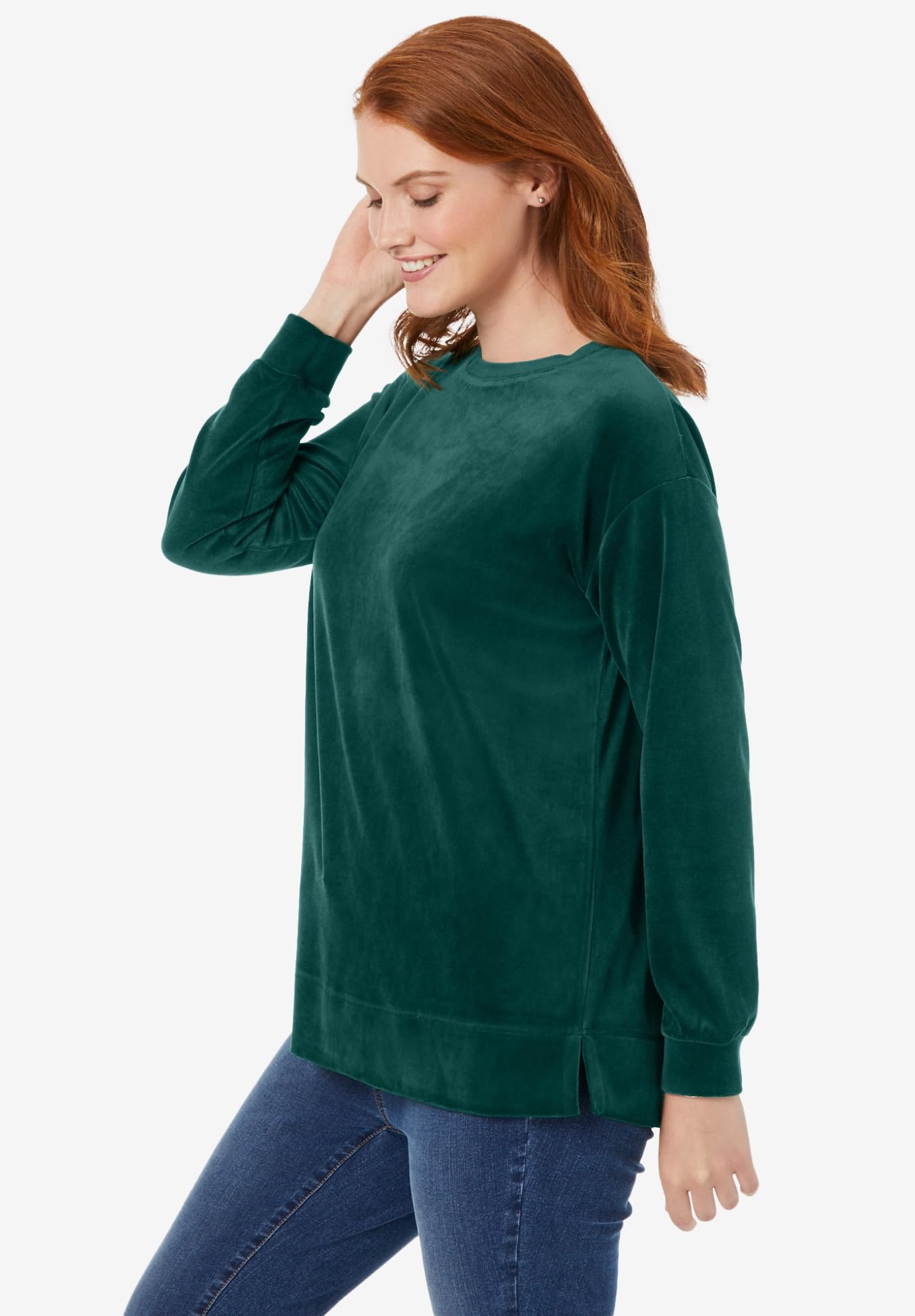 Woman Within Women's Plus Size Plush Velour Tunic Sweatshirt - 3X, Deep Teal