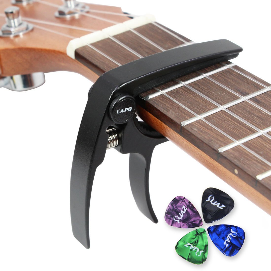 Ukulele Capo Aluminium Alloy Clamp for 4 Strings Uke Soprano Concert Tenor Baritone Light Weight Ukulele Clamp with Free Guitar Picks (Gold Color)