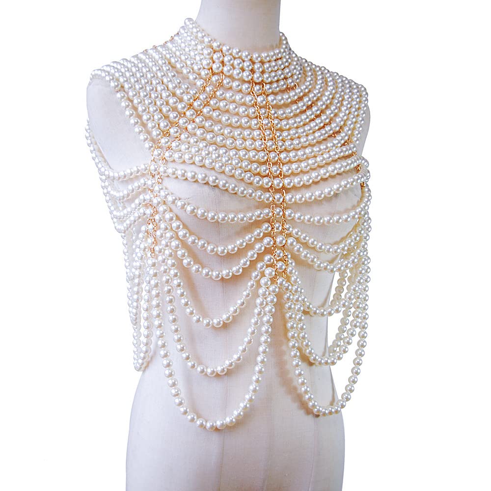YWCUTECPunk bust chain double shoulder chain pearl party wedding dress accessories for girls and women