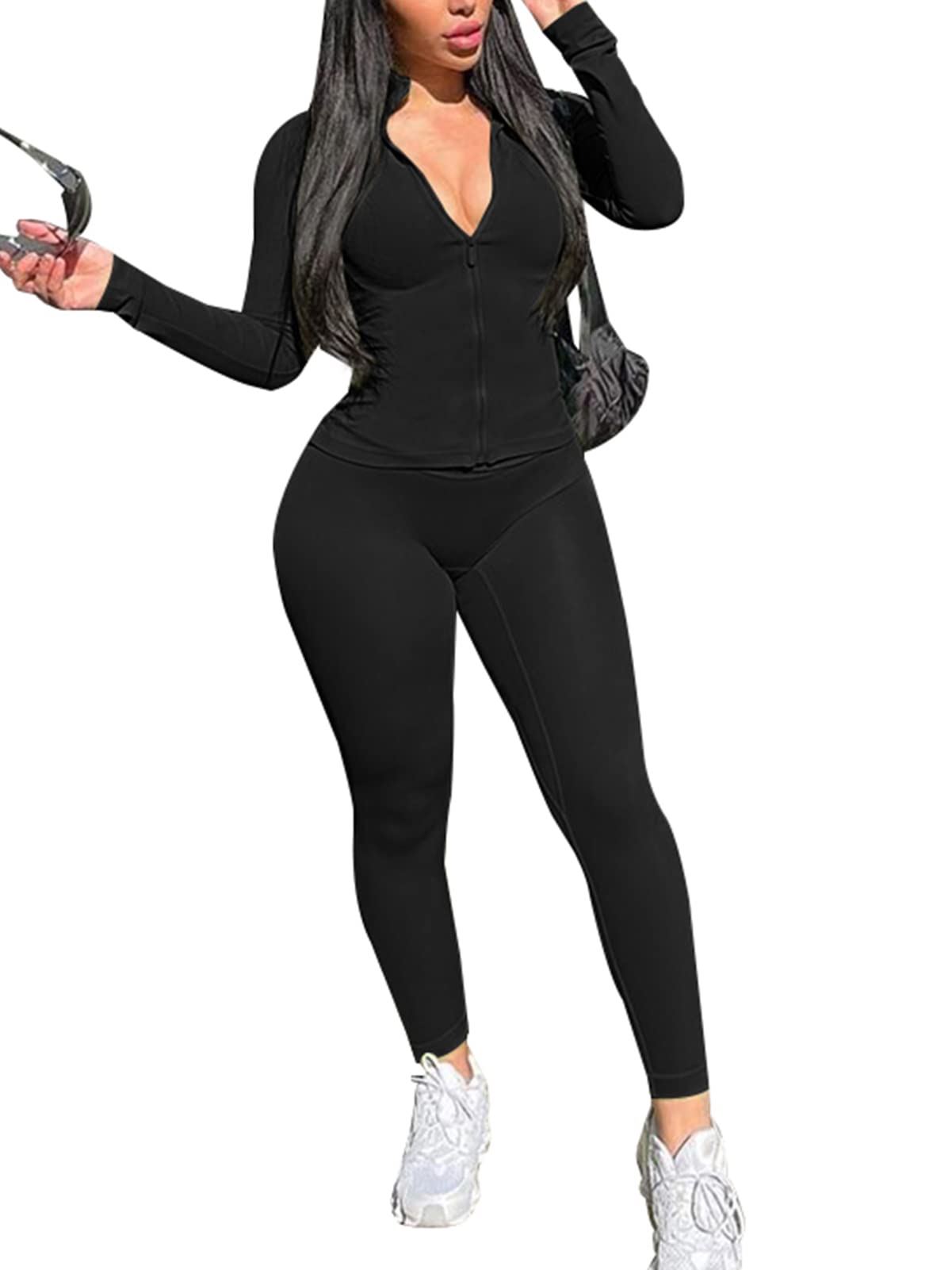 Women's Two Piece Tracksuit Set Long Sleeve Zipper Jacket with Sweatpants Sweatsuit Jogger Workout Set Black M