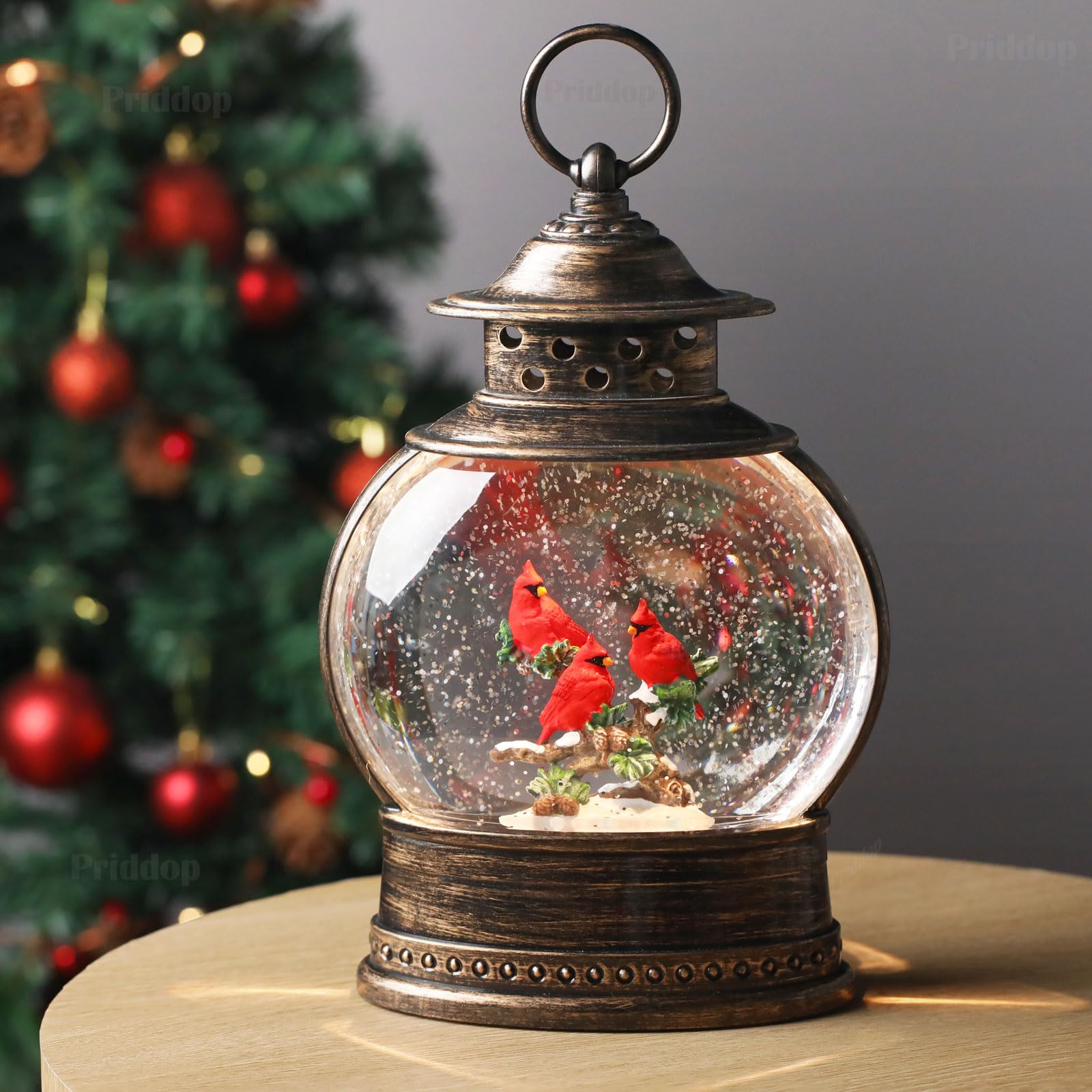 Priddop Cardinal Snow Globe 12 Inch Christmas Snow Globe Lantern with Timer & Music, USB & Battery Powered Christmas Decorations Indoor Cardinal Decor (2023 Upgraded Larger)