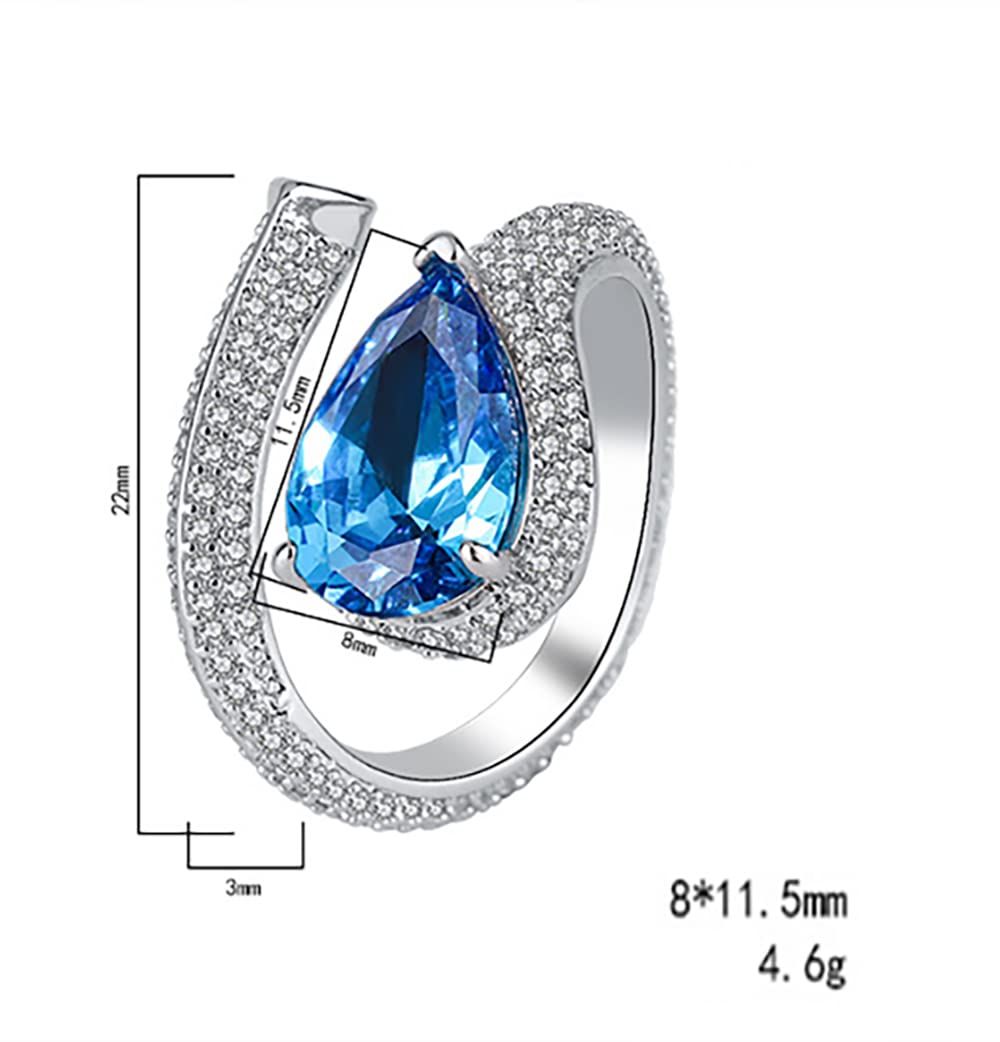 Women's Wedding Engagement Ring, s925 Silver Artificial Gemstone Ring, Emerald Ruby Aquamarine Ring, Teardrop Open Mouth Ring Ladies Jewelry with Gift Box (Blue 2 Adjustable)