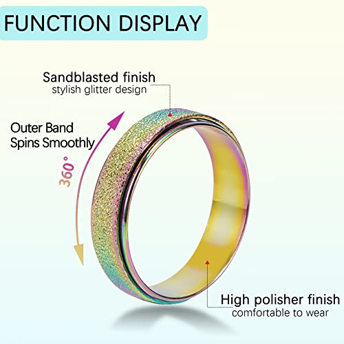 Tiselin Anxiety Ring for Women Men,Rainbow Color Sand Blasted Finished Width 6MM,Size 7-10,Copper material (Rainbow, 7)