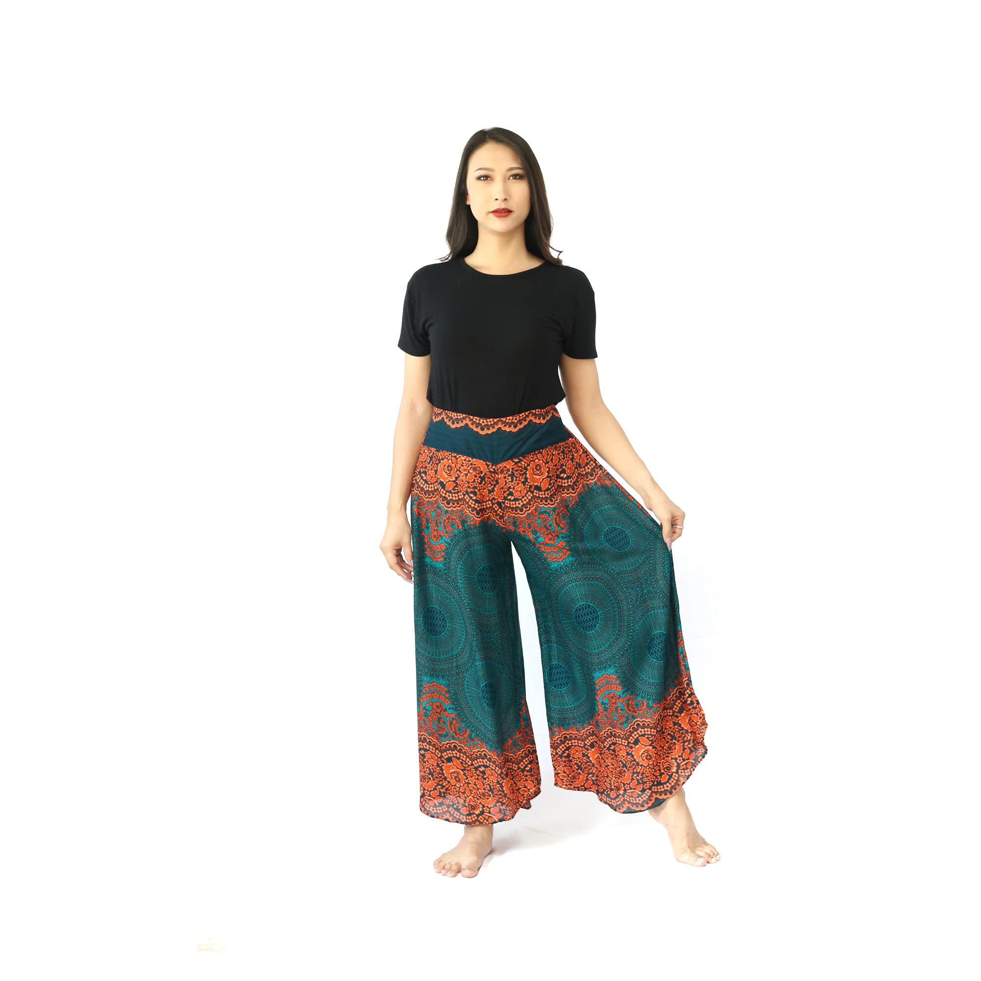Women's Wide Leg Palazzo Pants Light Weight Loose Comfy Boho Flare Harem Trouser Perfect for Yoga (Blue Sea Mandala)