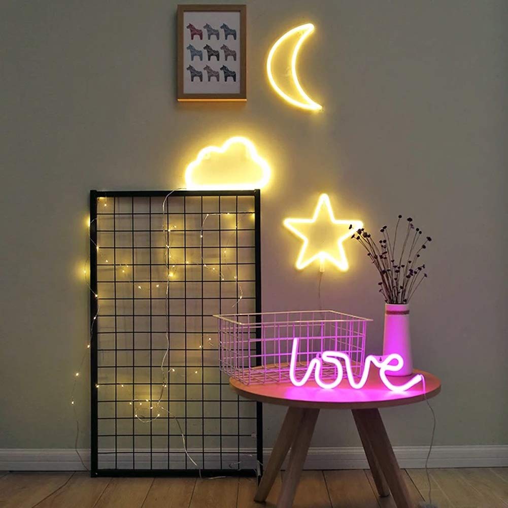 Star Moon and Cloud Neon Night Sign Decorative LED Light Art Wall Decor for Bar Bedroom Birthday Party Decor Powered by Battery/USB (Warm White)