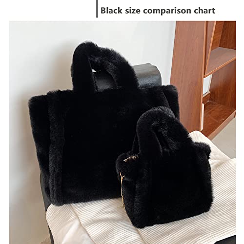 Women Fluffy Shoulder Bag Plush Handbag Wallet Tote Bag for Autumn and Winter (Large black)