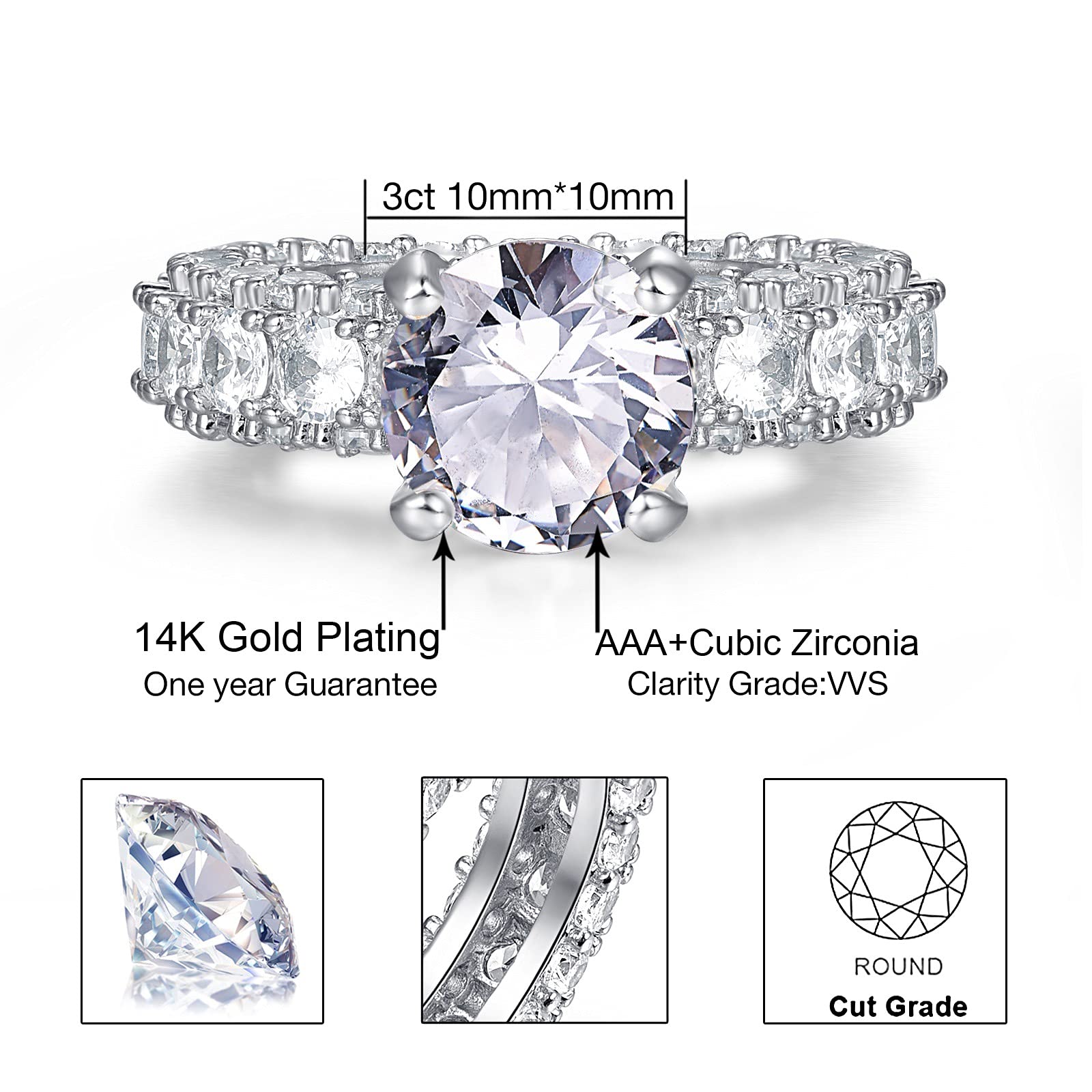 Wedding Rings for Women 3CT Cubic Zirconia 14K Gold and Silver Engagement Rings Promise Rings for Her (Silver, 9)