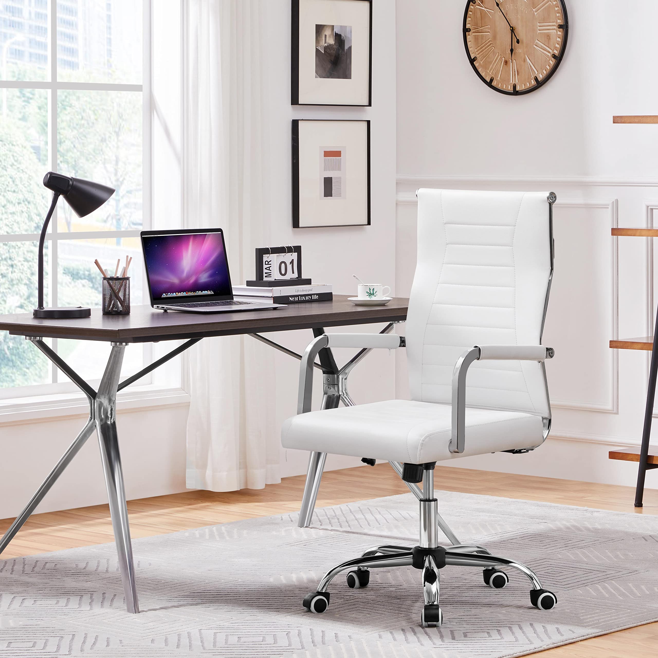 Yaheetech High-Back Office Desk Chair Executive Task Chair Management Chair PU Leather Chair Height Adjustable with Ergonomic Backrests for Conference and Home, White
