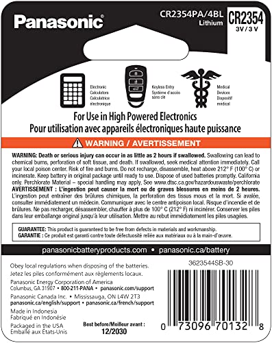Panasonic CR2354 3.0 Volt Long Lasting Lithium Coin Cell Batteries in Child Resistant, Standards Based Packaging, 4-Battery Pack
