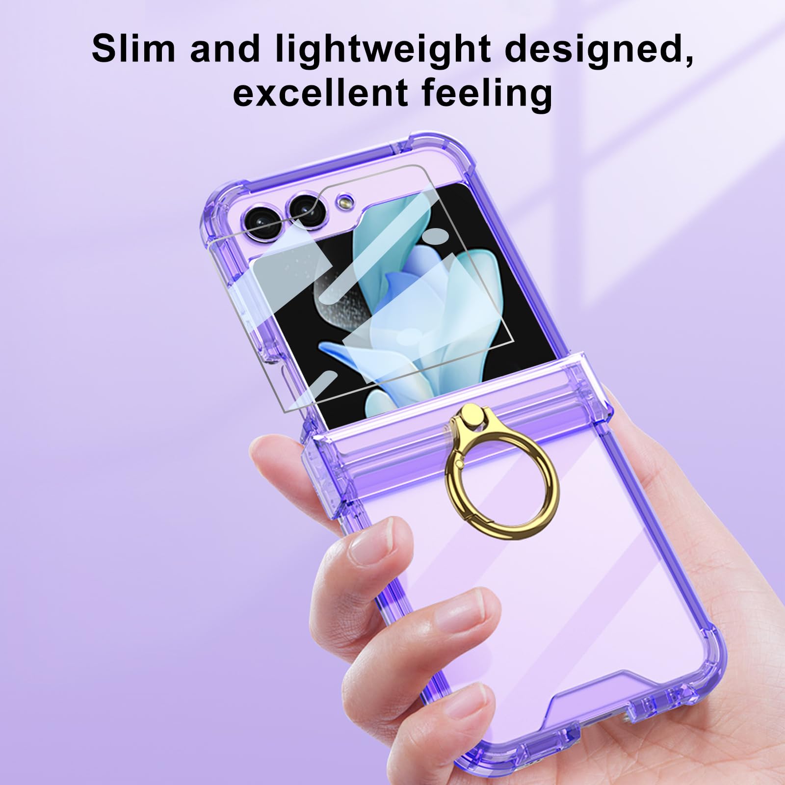 PUROOM for Samsung Galaxy Z Flip 5 Case Hinge Protection Luxury Soft Transparent with Ring Holder Built-in Screen Protector All-Inclusive Shockproof Case (Purple)