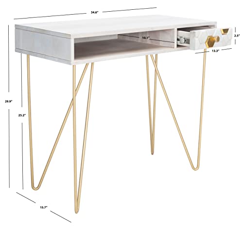 Safavieh Home Office Collection Raveena White Wash and Brass 1-Drawer Hairpin Leg Desk, 0