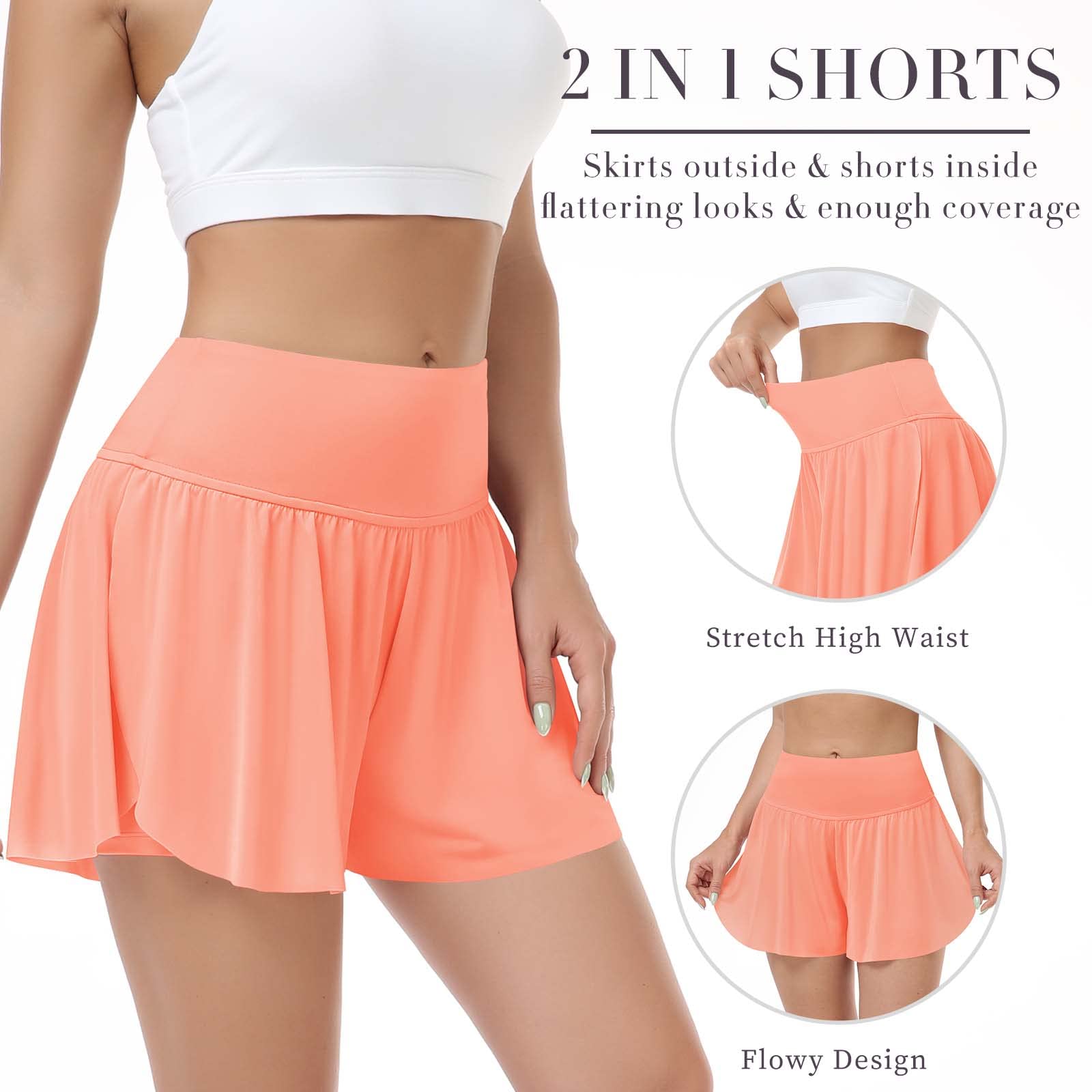 Womens 2 in 1 Flowy Butterfly Shorts with Pocket Running Athletic Workout Shorts Casual Tennis Skirts (High Waisted Pink, Medium)