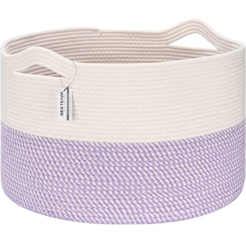 Sea Team XXXL Cotton Rope Basket, Large Woven Nursery Storage Bin, Laundry Hamper, Jumbo Blanket Basket for Rugs, Cushions, Pillows, Toys Organizer, 22 x 14 Inches, White & Mottled Lavender