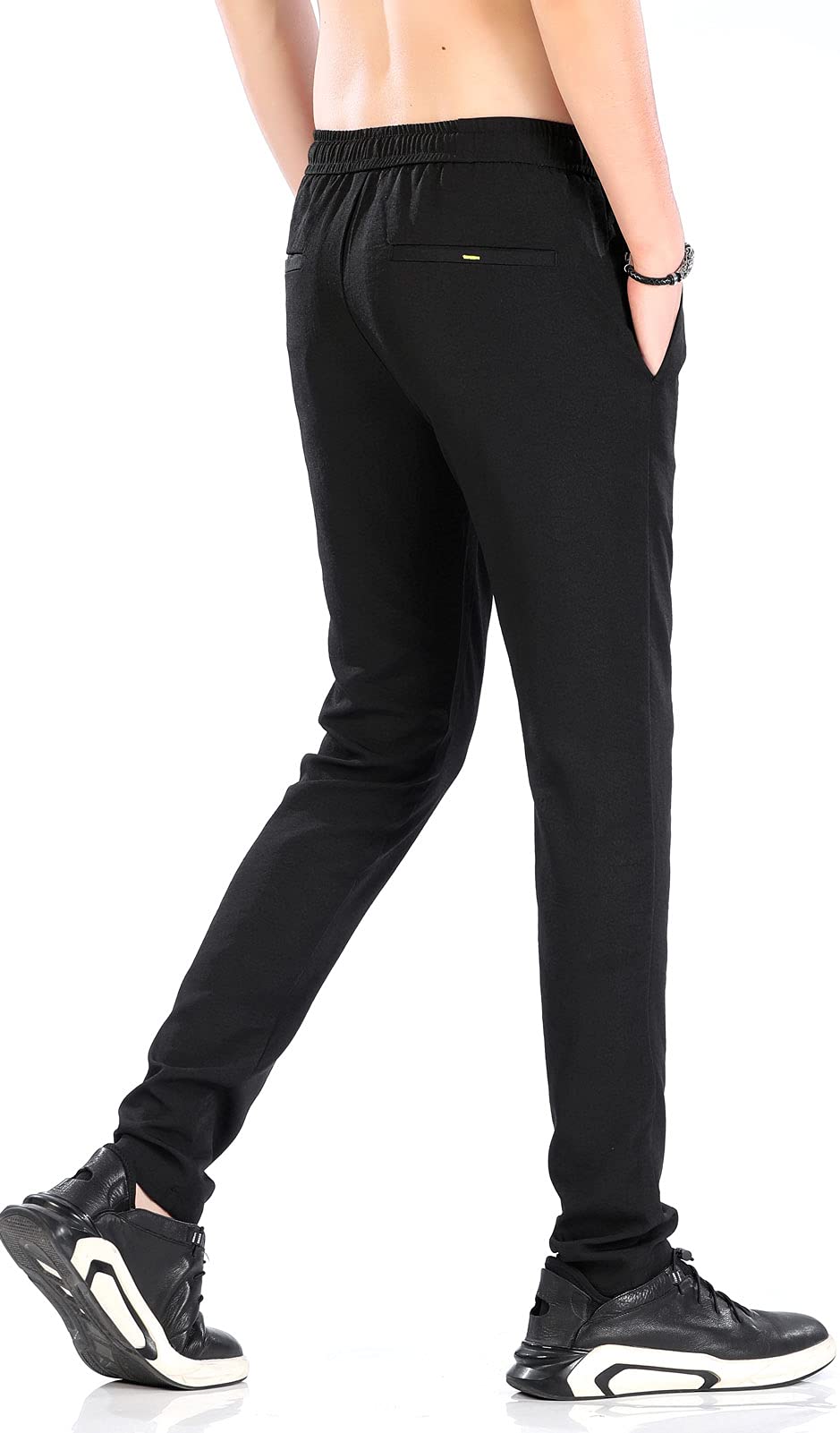 Plaid&Plain Men’s Linen Like Seersucker Pants Slim Fit Beach Pants with Drawstring E8201 Black 32x28