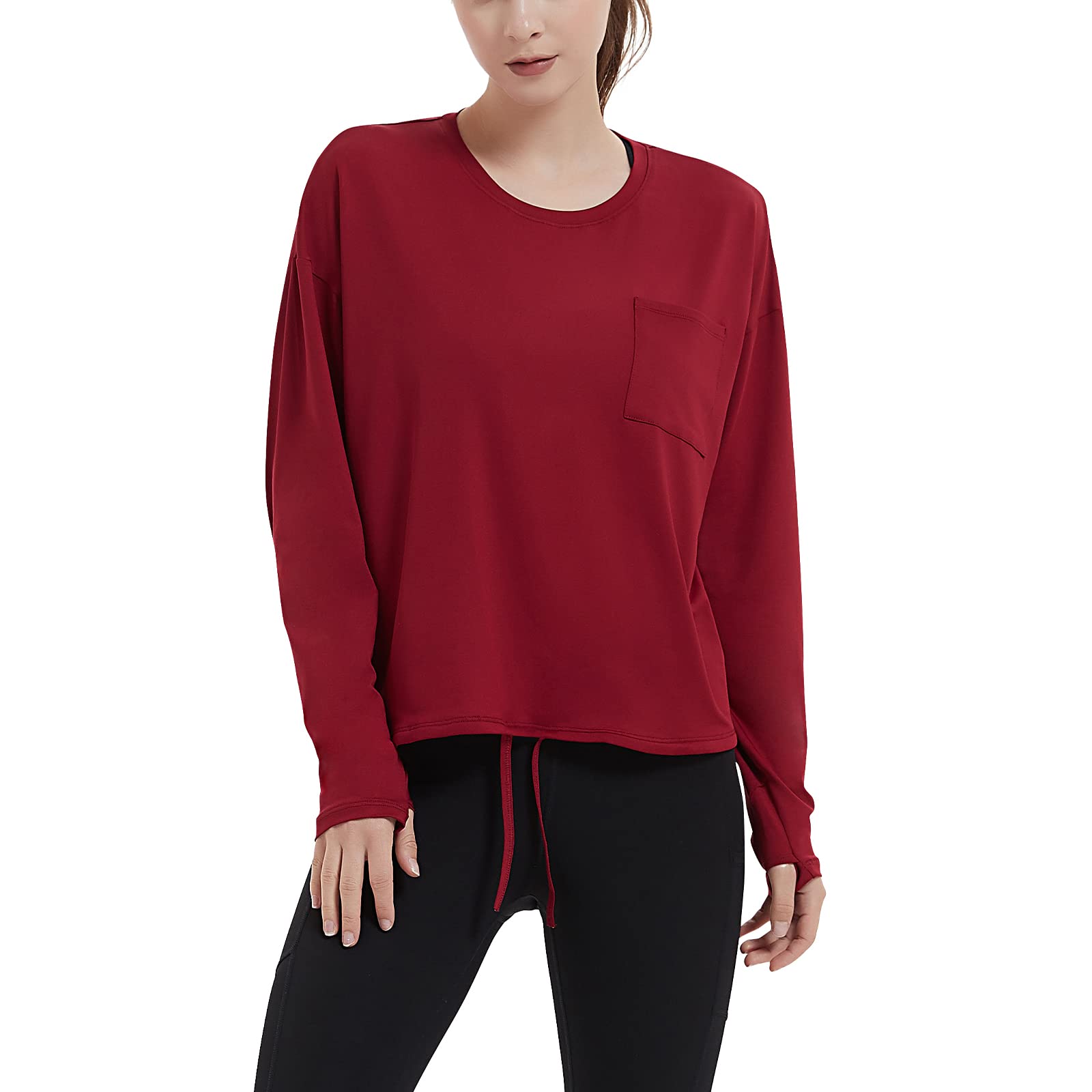 Women Long Sleeve Open Back Workout Yoga Shirts with Thumb Hole- Crew Neck Backless Athletic Loose Fit Gym Top Shirt Black