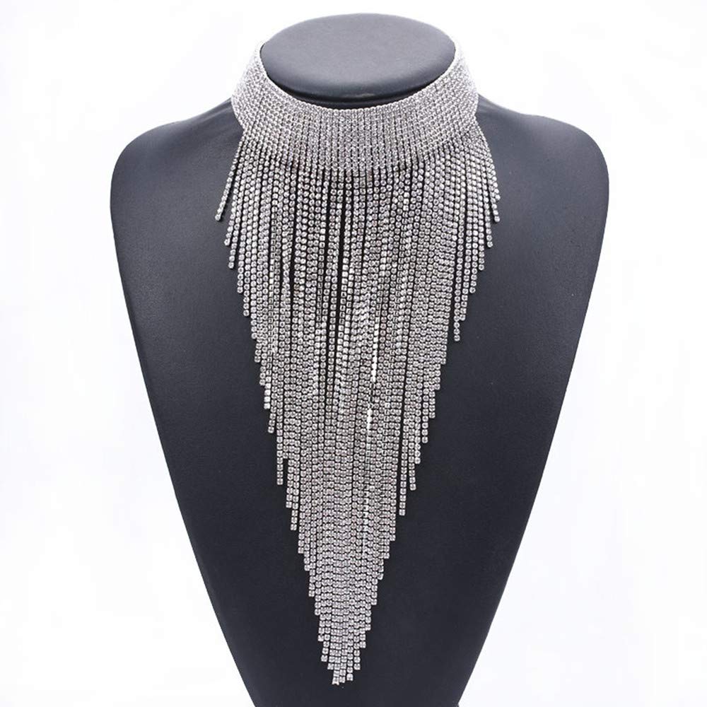 Qiaose Stunning Rhinestone Choker Necklace Women Statement Necklace Long Chain Necklace (Silver)