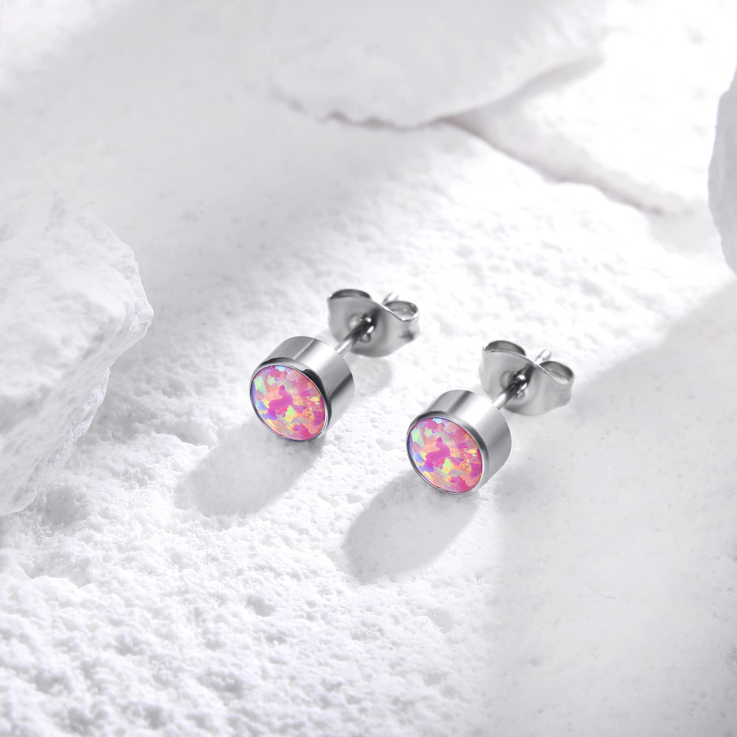 VOJO G23 Titanium Cubic Zirconia Opal Birthstone Tiny Stud Earrings for Women Sensitive Ears Hypoallergenic Earring Studs Jewelry Gifts (6mm, Opal Pink)